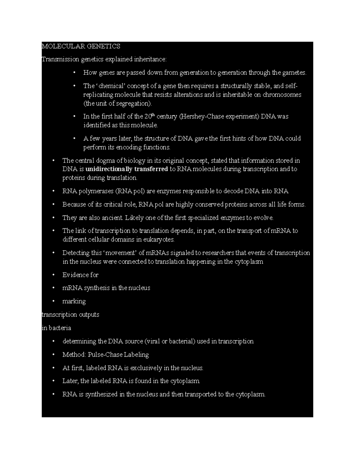 Molecular Genetics - Lecture notes - MOLECULAR GENETICS Transmission ...