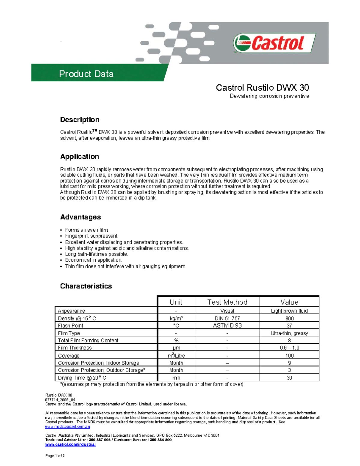 Rustilo DWX 30 - Rust prevention - Product Data Rustilo DWX 30 027714_2006_ Castrol and the ...