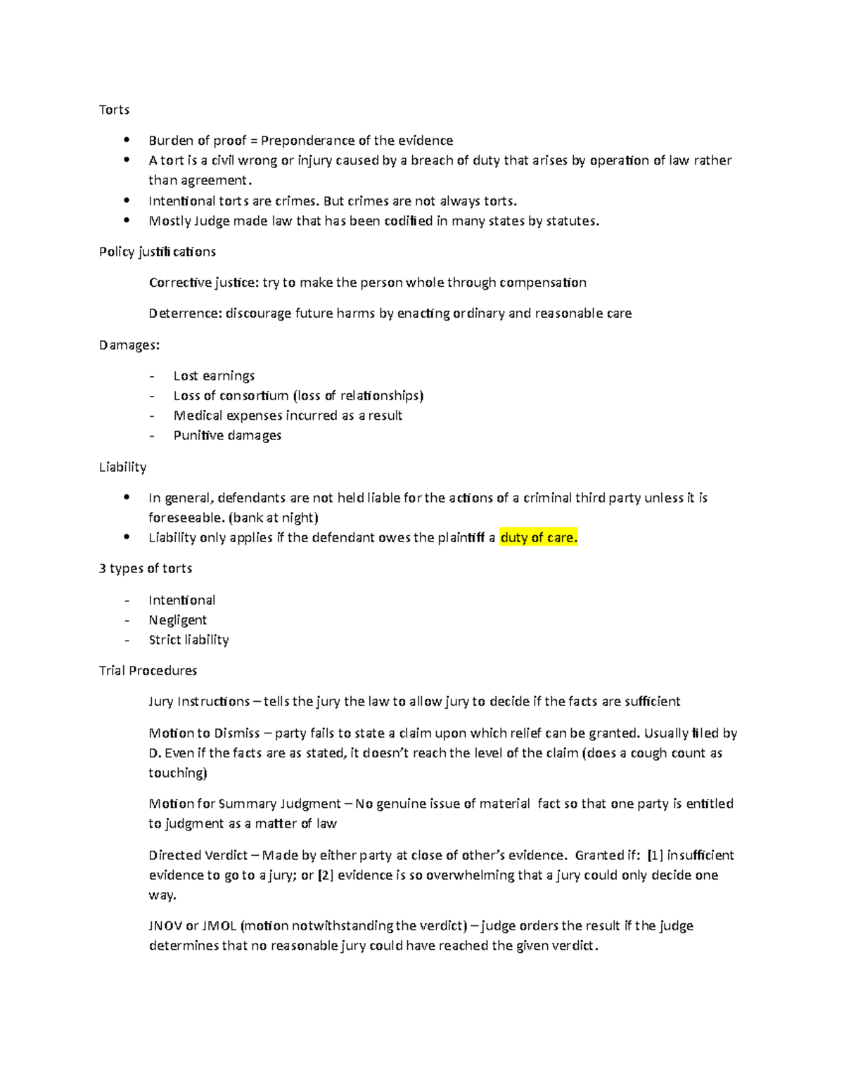 Torts Class Notes - Torts Burden of proof = Preponderance of the ...