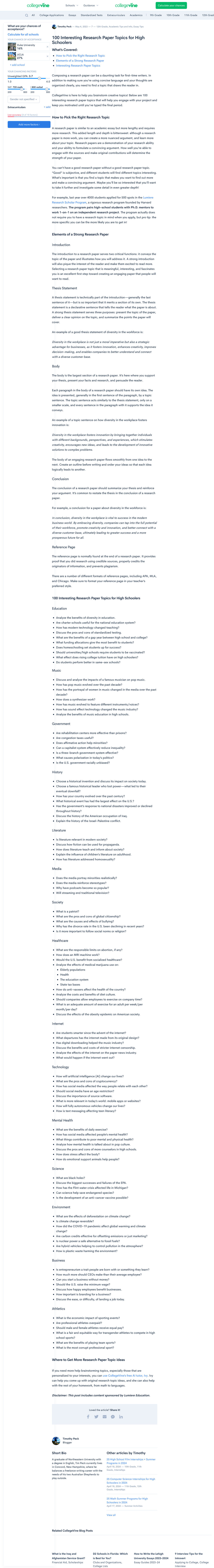 100 Interesting Research Paper Topics for High Schoolers College Vine ...