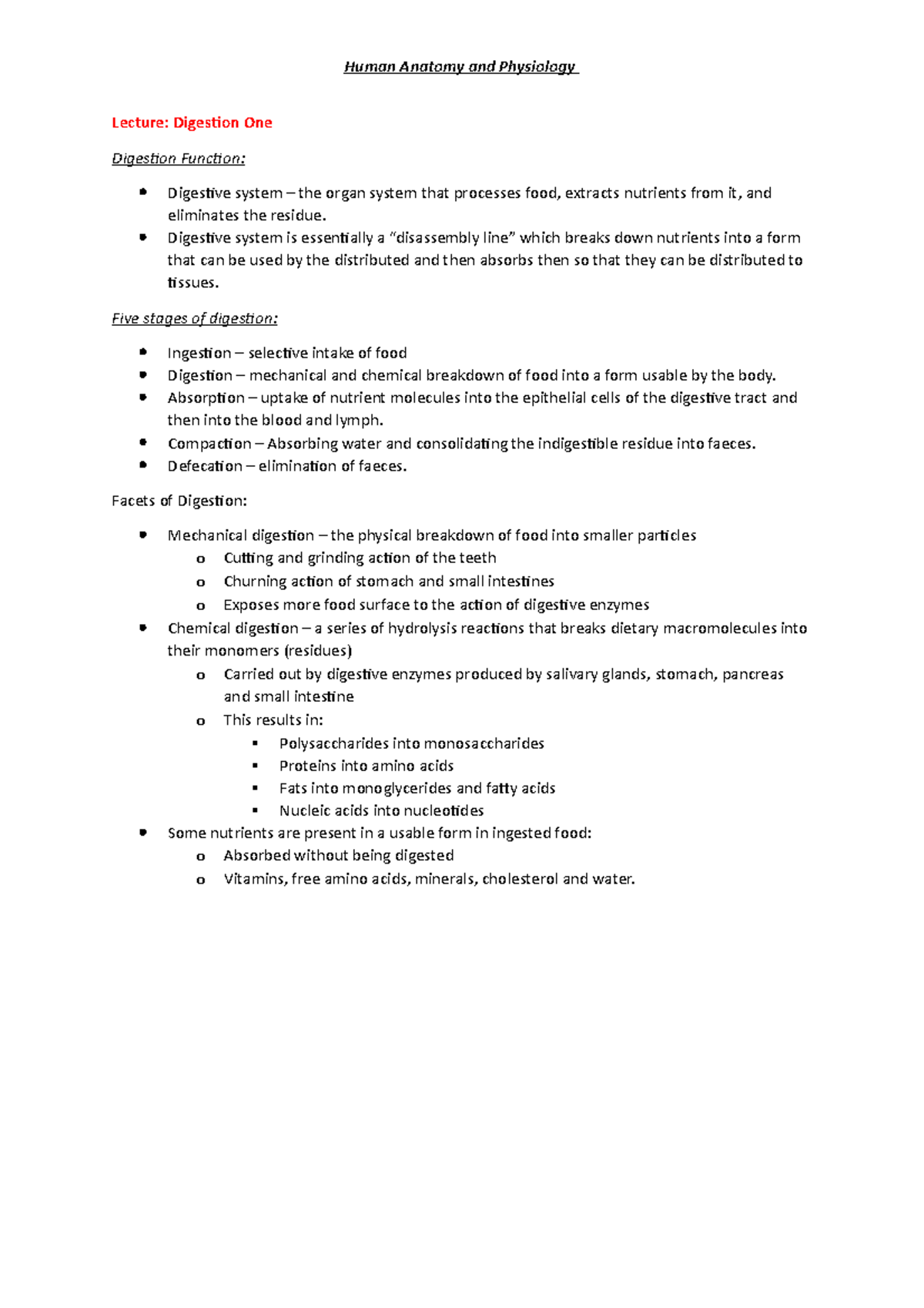Human Anatomy Notes Digestion - Lecture: Digestion One Digestion ...