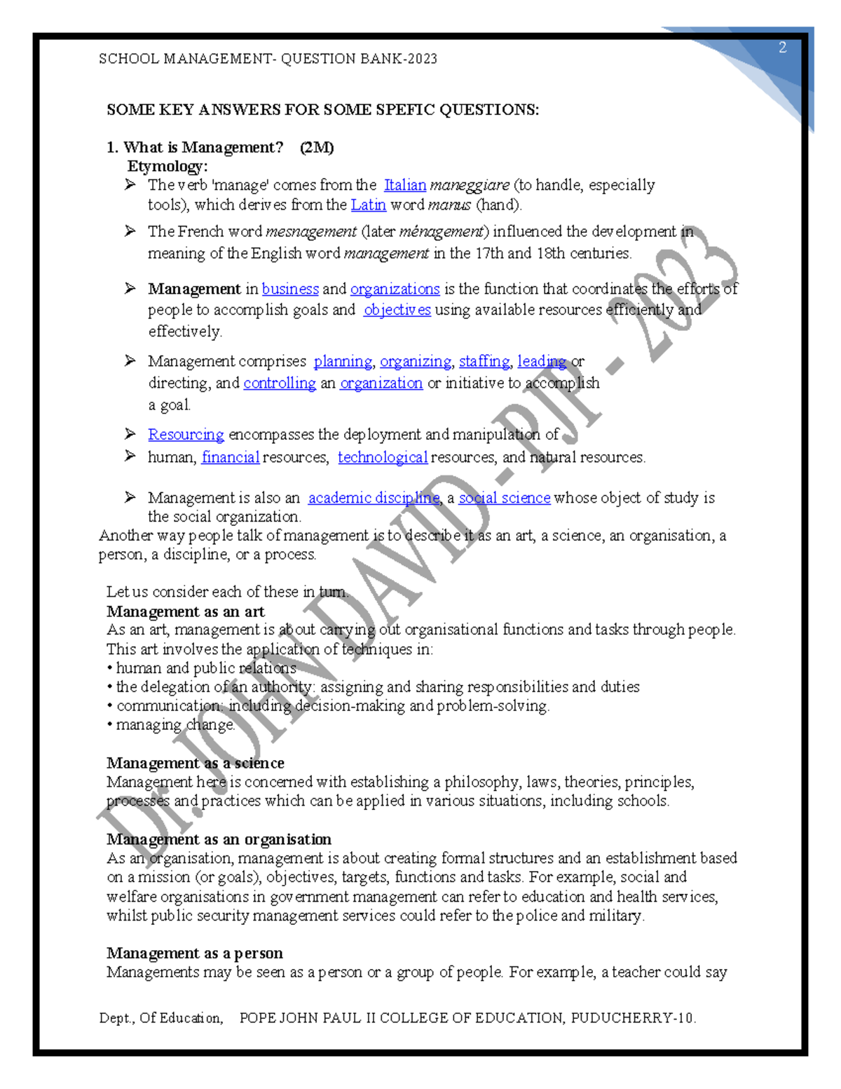 SM 19 Question Answer KEY Points - SCHOOL MANAGEMENT- QUESTION BANK ...