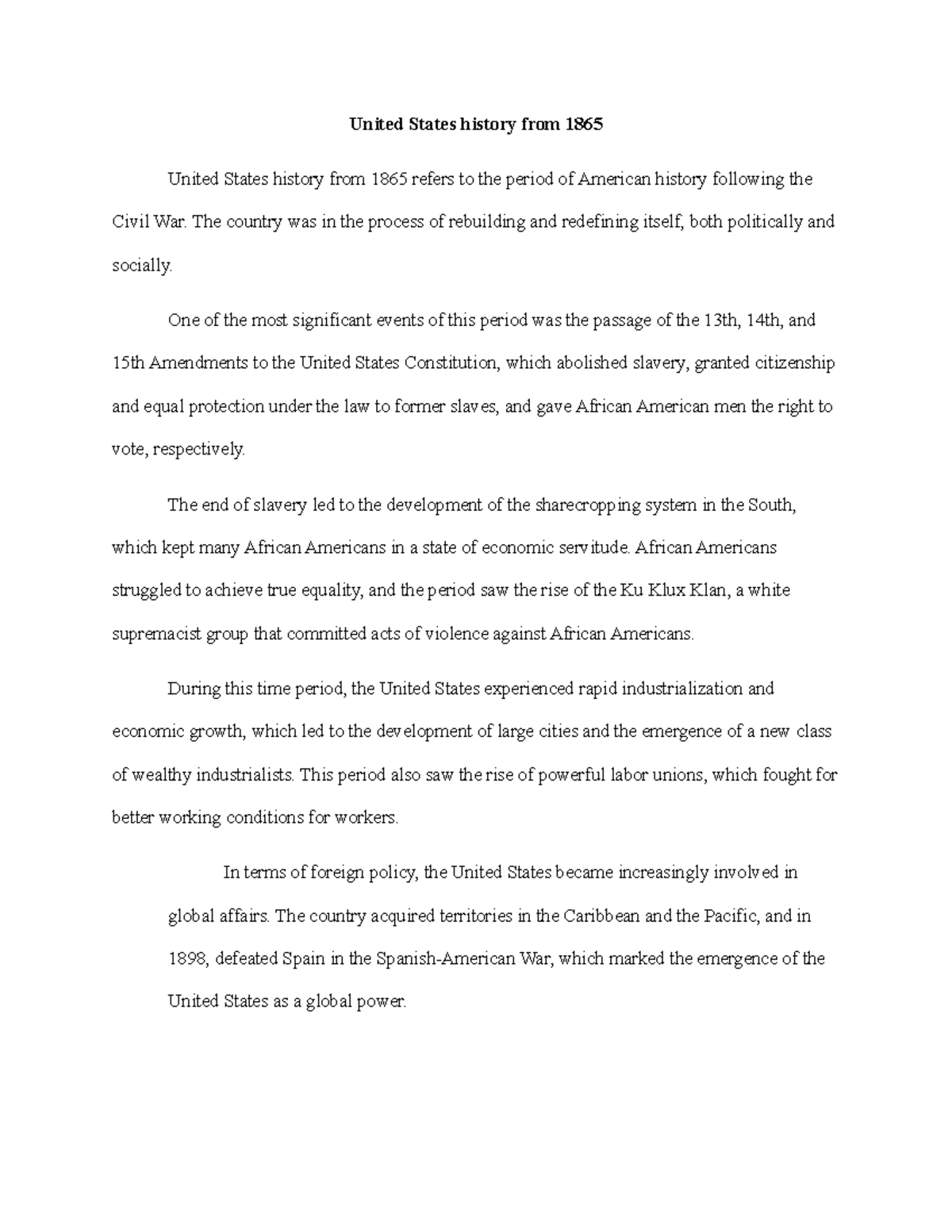 United states history from 1865 - United States history from 1865 ...