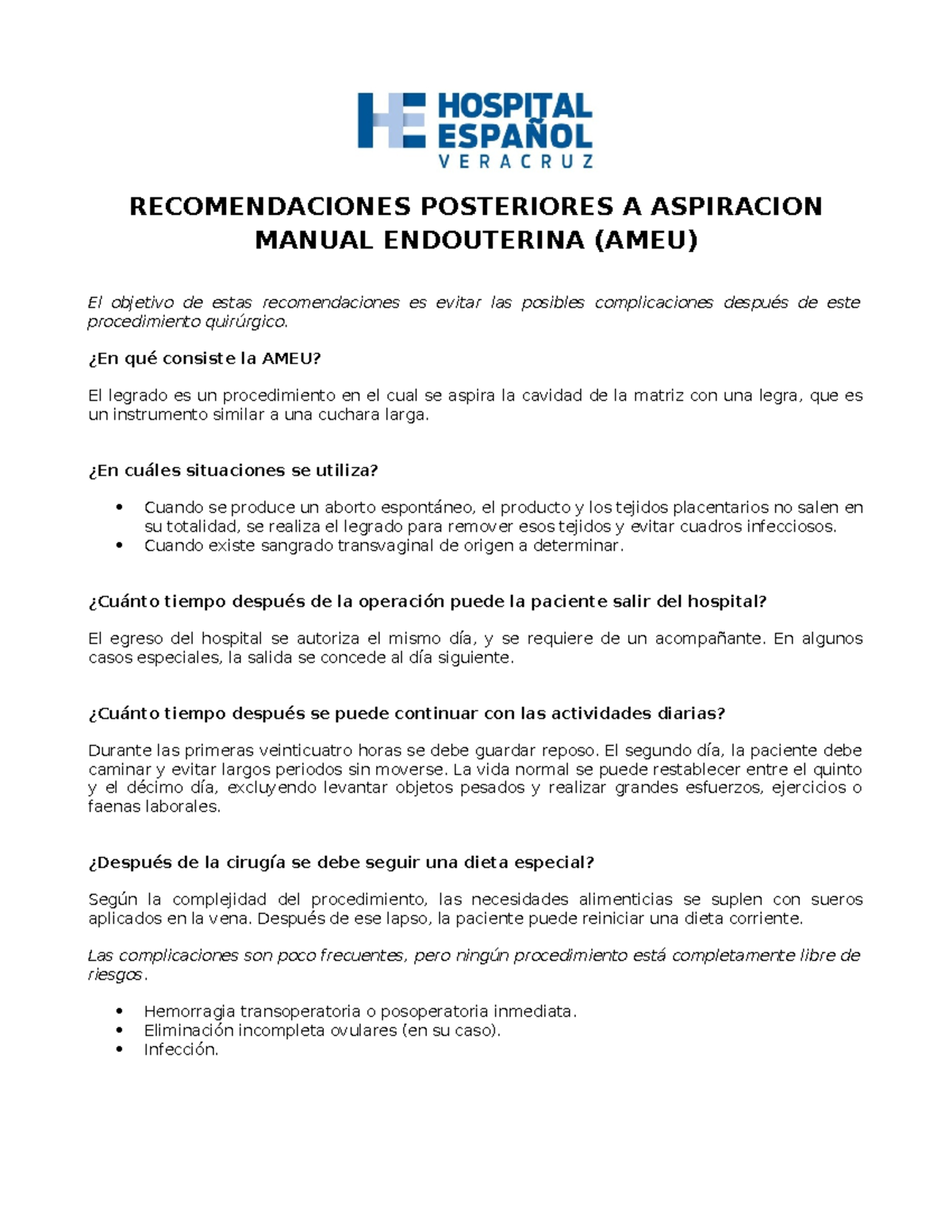 AMEU - Resumenes acerca del AMEU - RECOMENDACIONES POSTERIORES A ...