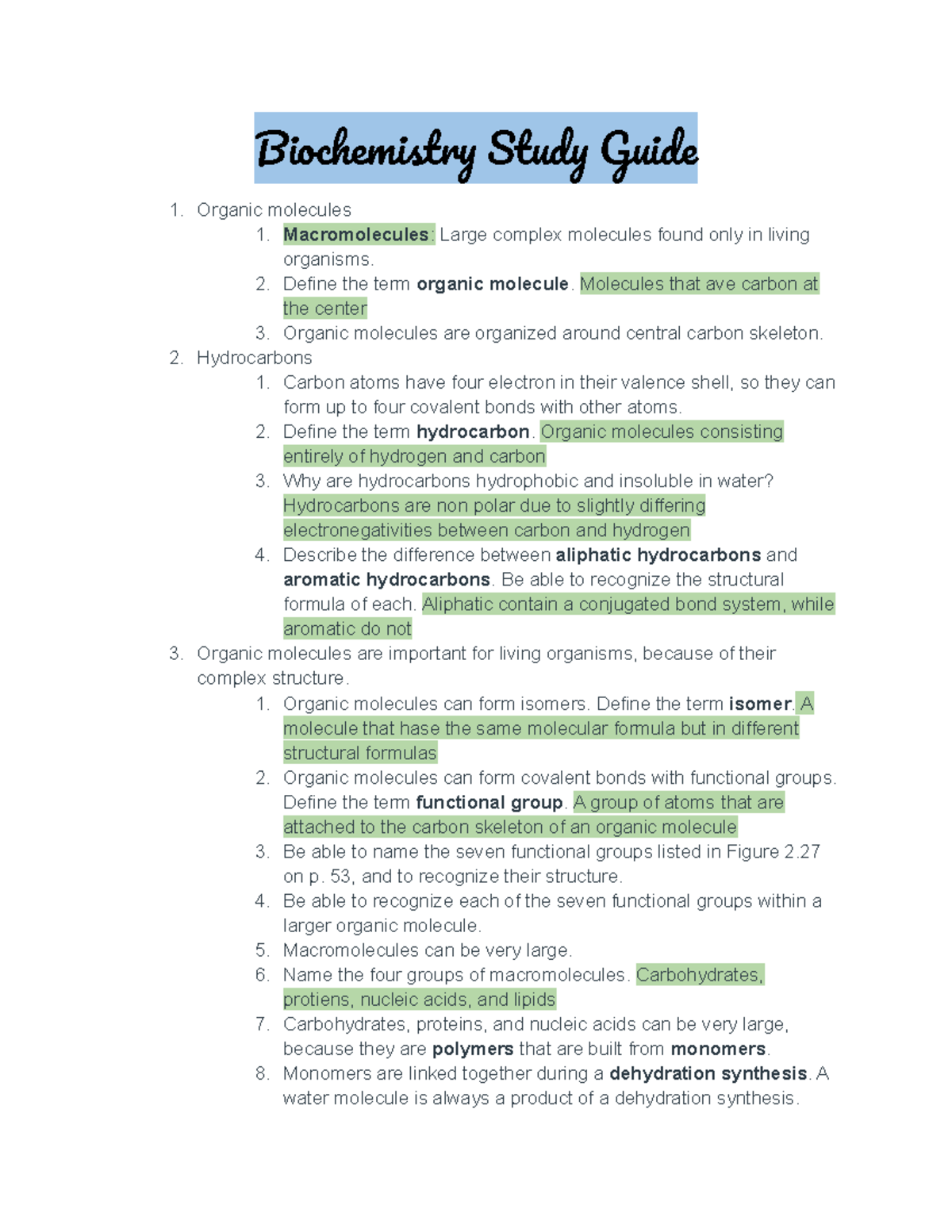 Biochemistry Study Guide - Biochemistr Stud Guid Organic molecules ...