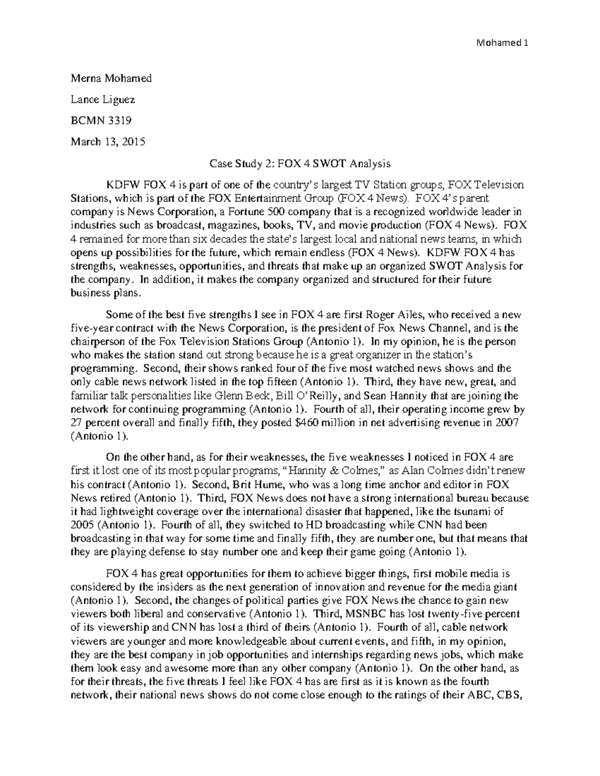 Case Study 2 SWOT Analysis - Merna Mohamed Lance Liguez BCMN 3319 March ...