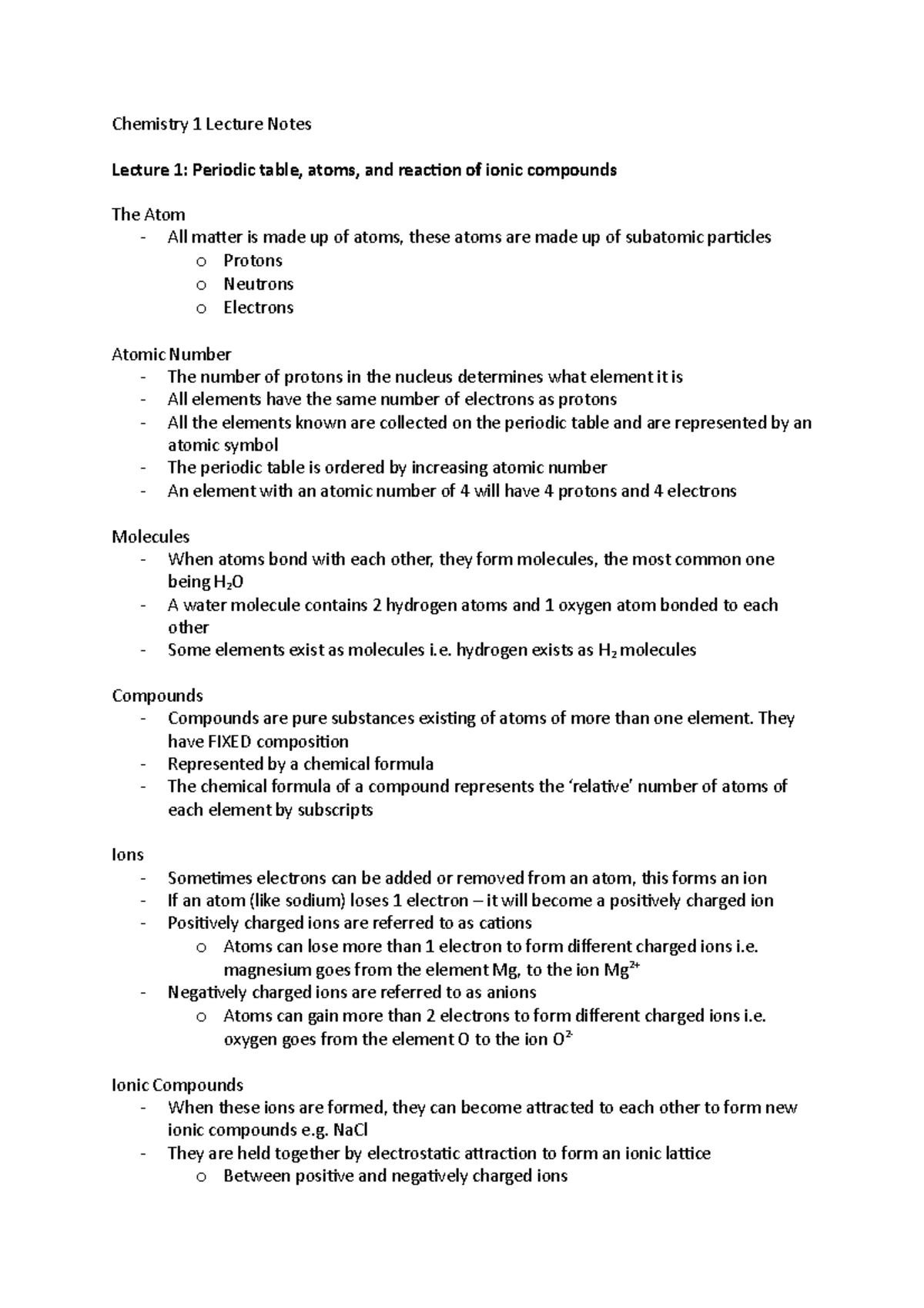 Chemistry 1 Lecture Notes - Chemistry 1 Lecture Notes Lecture 1 ...