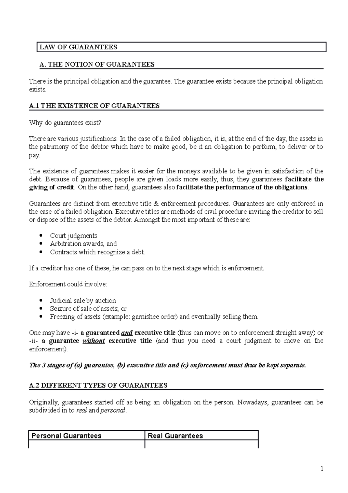 Law of Guarantees Long Notes - LAW OF GUARANTEES A. THE NOTION OF ...