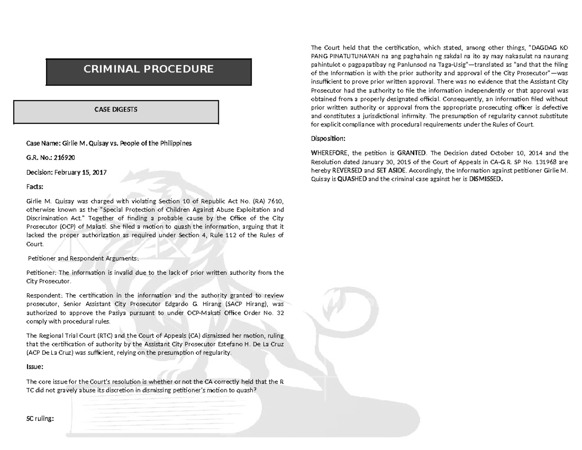 G.R. No. 216920 Quisay vs. People OF THE Philippines - CRIMINAL ...