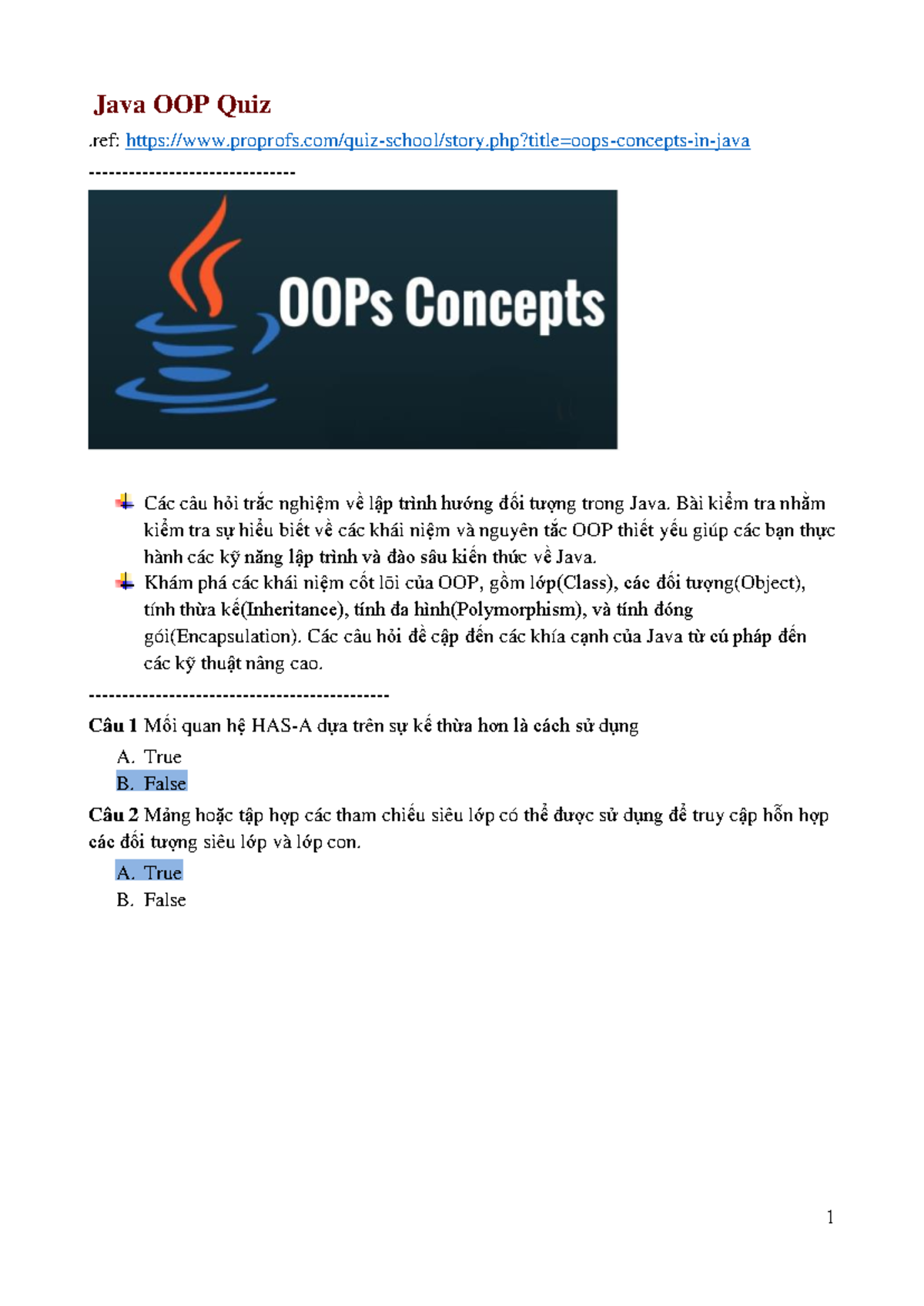 OOP BT Trac Nghiem On Tap - Java OOP Quiz .ref: - Studocu