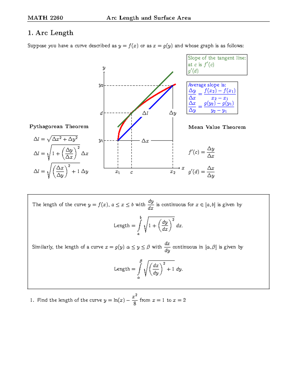 Math2260Arc length - Lecture notes 1-5 - MATH 2260 Arc Length and ...