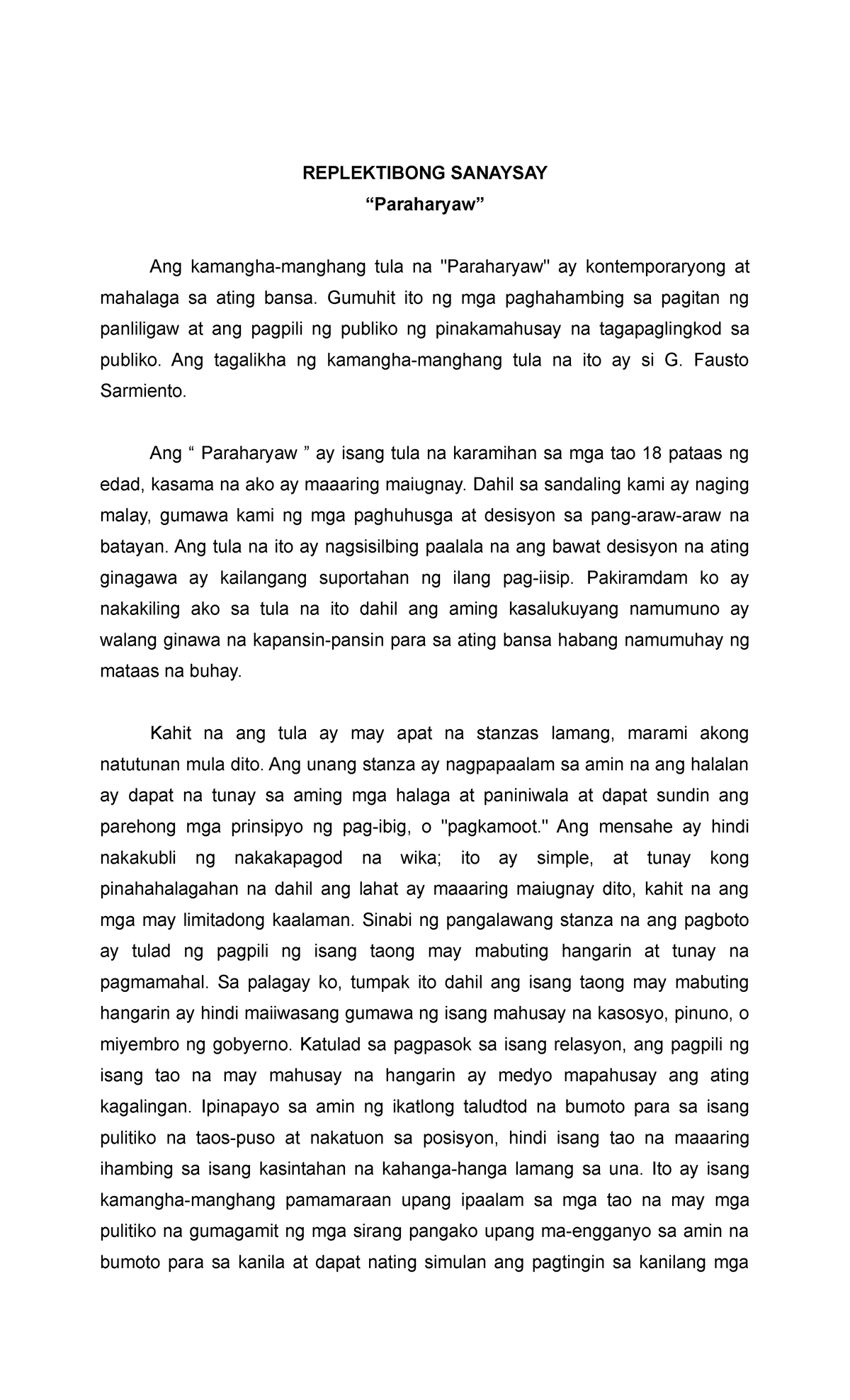 Replektibong sanaysay - REPLEKTIBONG SANAYSAY “Paraharyaw” Ang kamangha ...