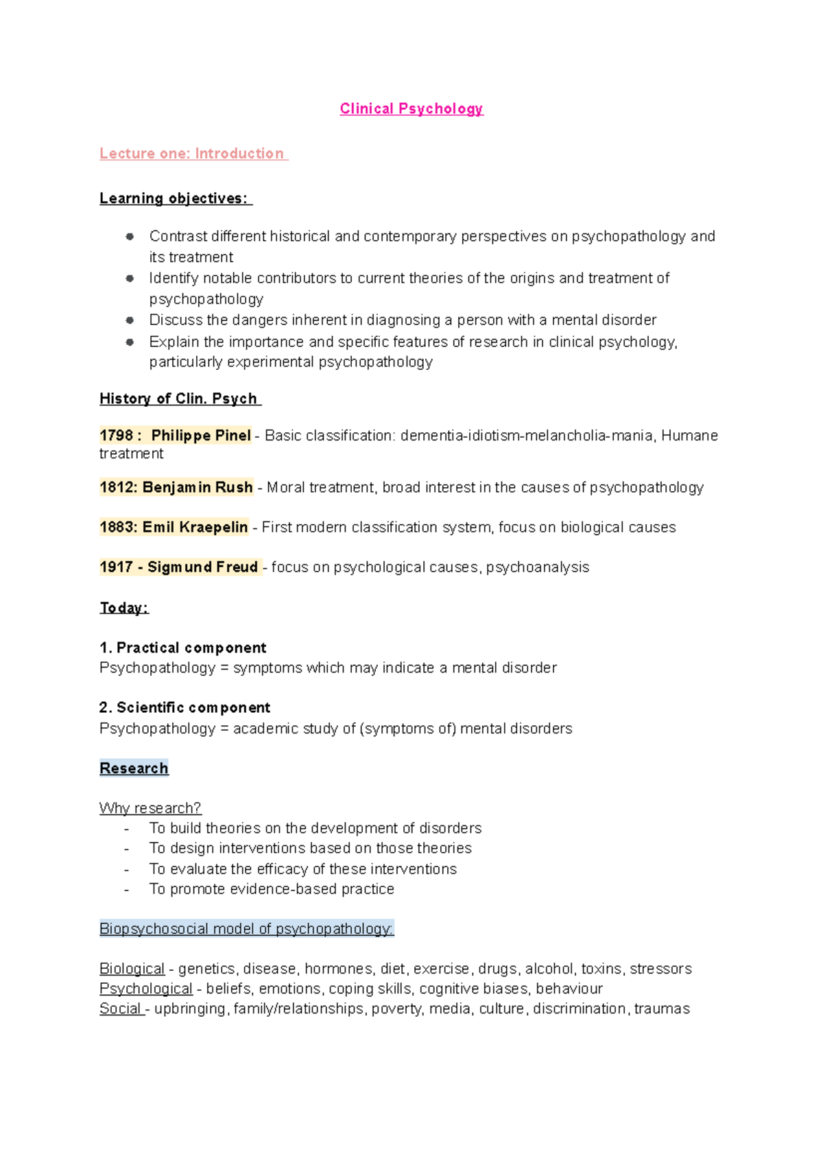 Clinical Psychology - Lecture notes 1-7 - Clinical Psychology Lecture ...