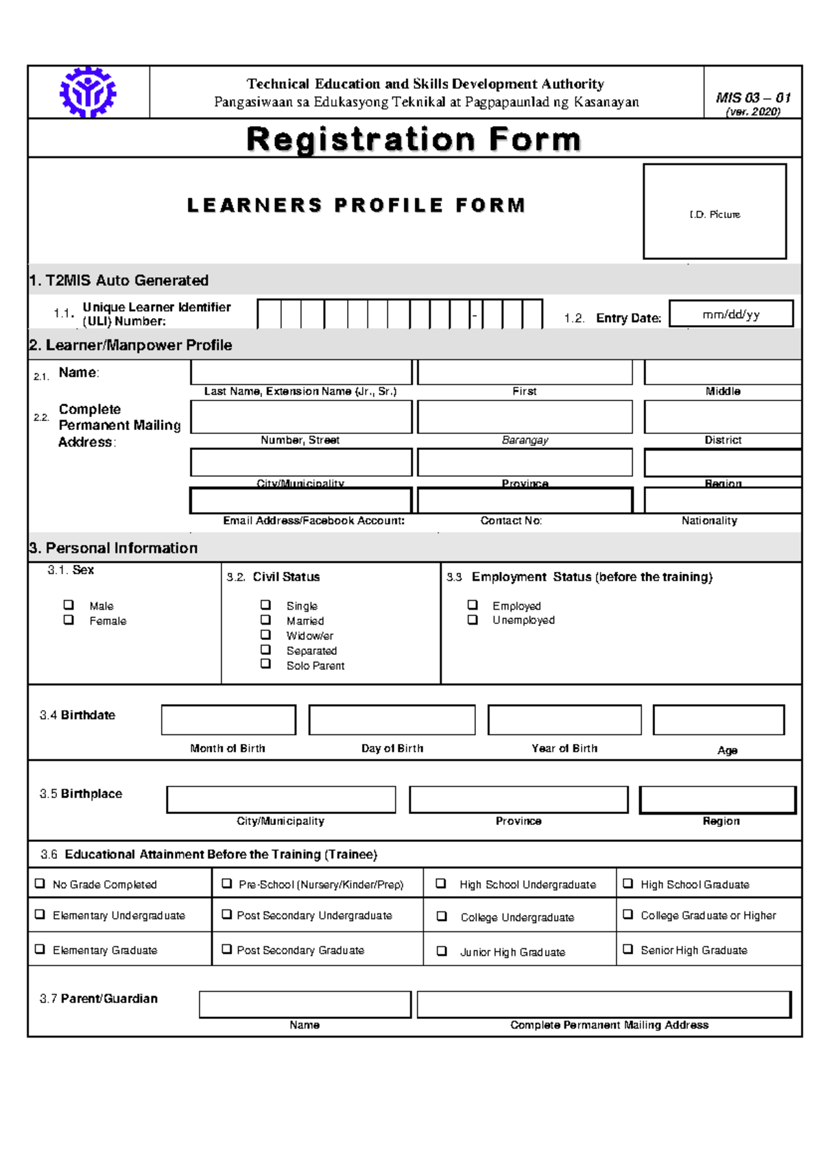 Learners-Registration-Form Tesda - Technical Education and Skills ...