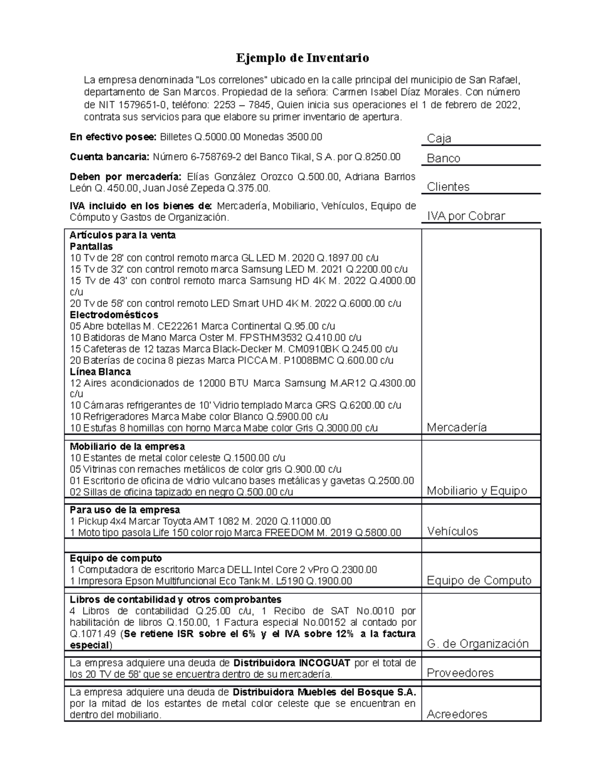 Ejercicio de Inventario - Ejemplo de Inventario La empresa denominada “Los correlones” ubicado ...