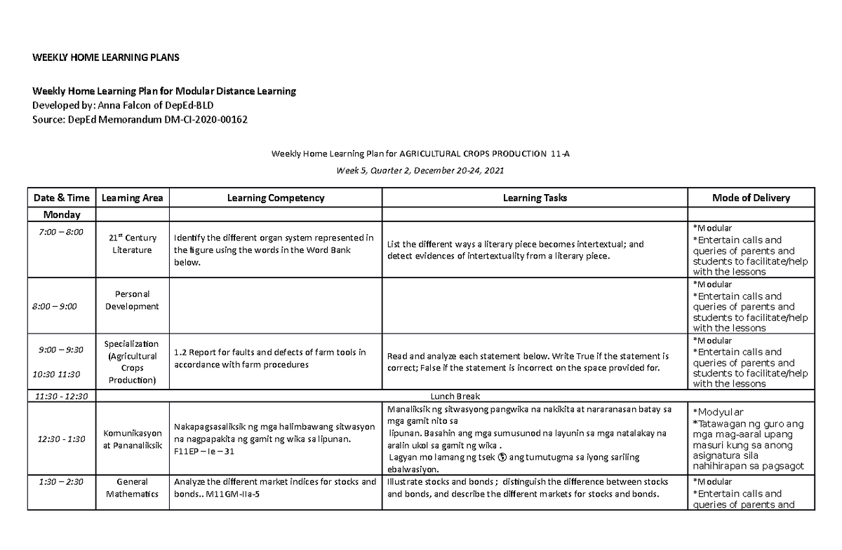 JACQ WHLP-5 - S BXN SNXSX - WEEKLY HOME LEARNING PLANS Weekly Home ...