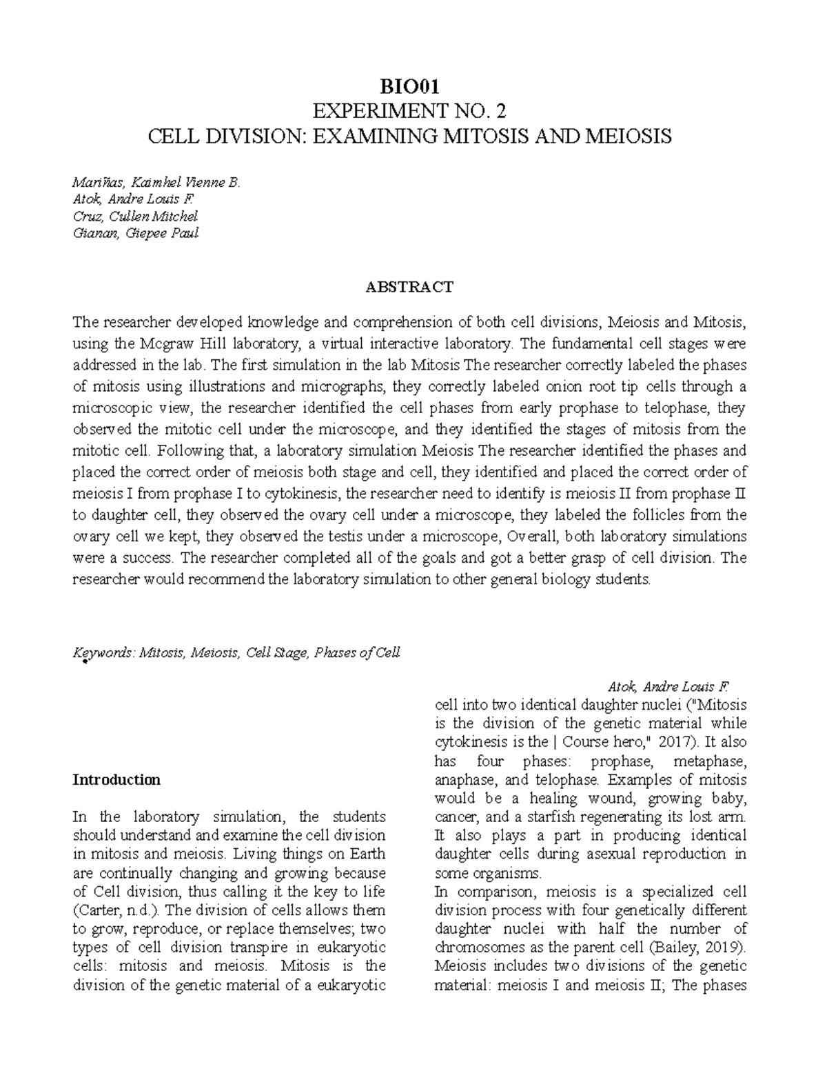 Labrep BIO01 - Laboratory Report - BIO EXPERIMENT NO. 2 CELL DIVISION ...