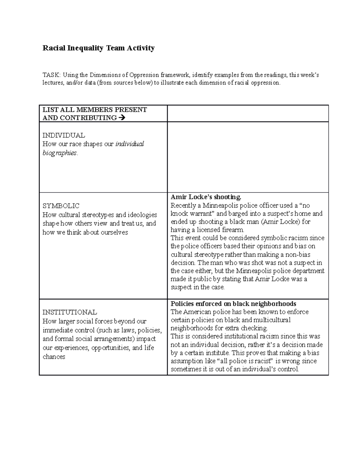 Team Activity - Racial Inequality - Racial Inequality Team Activity ...
