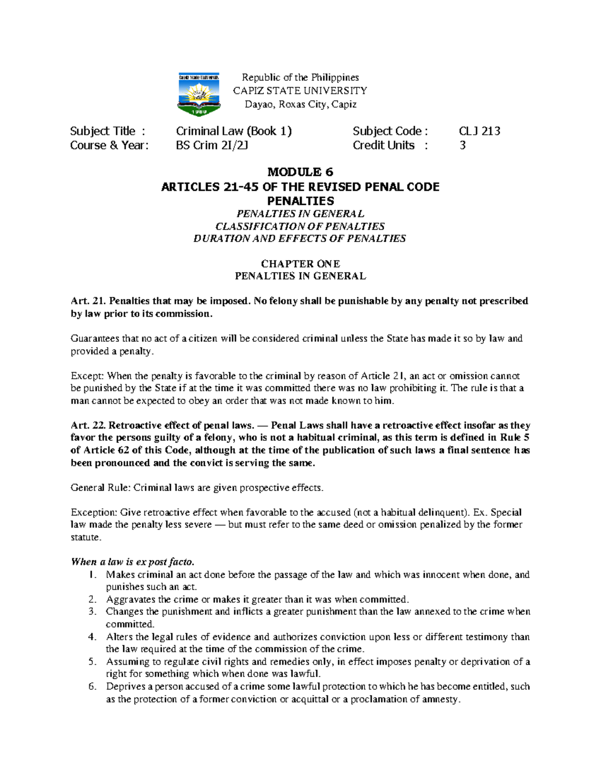 Module 6 Article 21 45 of the RPC - Republic of the Philippines CAPIZ STATE UNIVERSITY Dayao ...