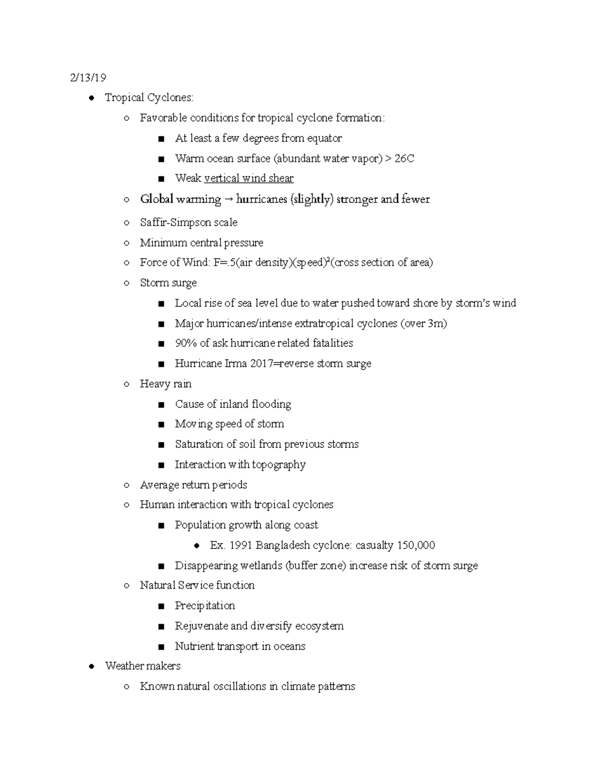 Natural Hazards Notes PT 2 (wk 5-10) - 2/13/ Tropical Cyclones ...