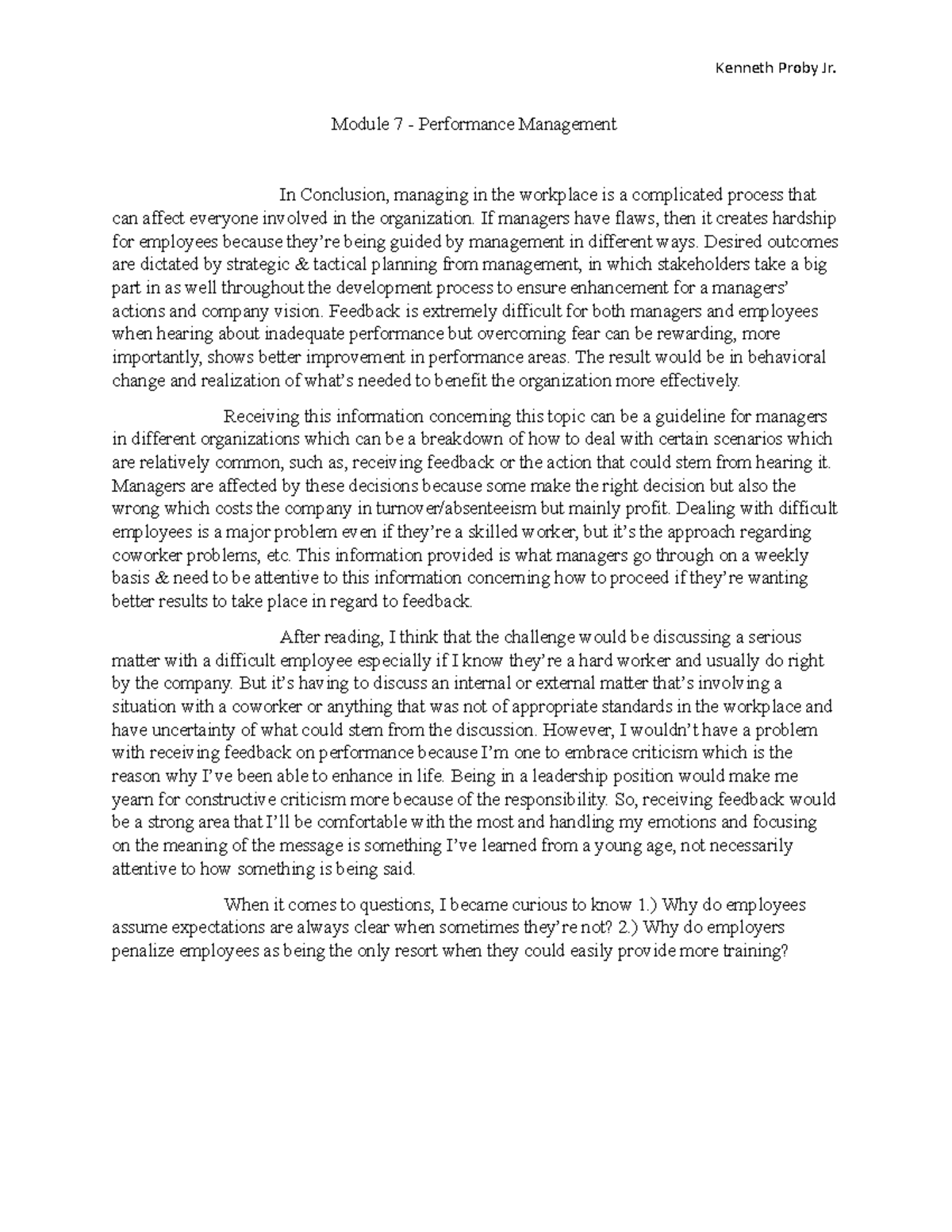 HURM 3220 - Module 7 Performance MGMT Notes - Kenneth Proby Jr. Module ...