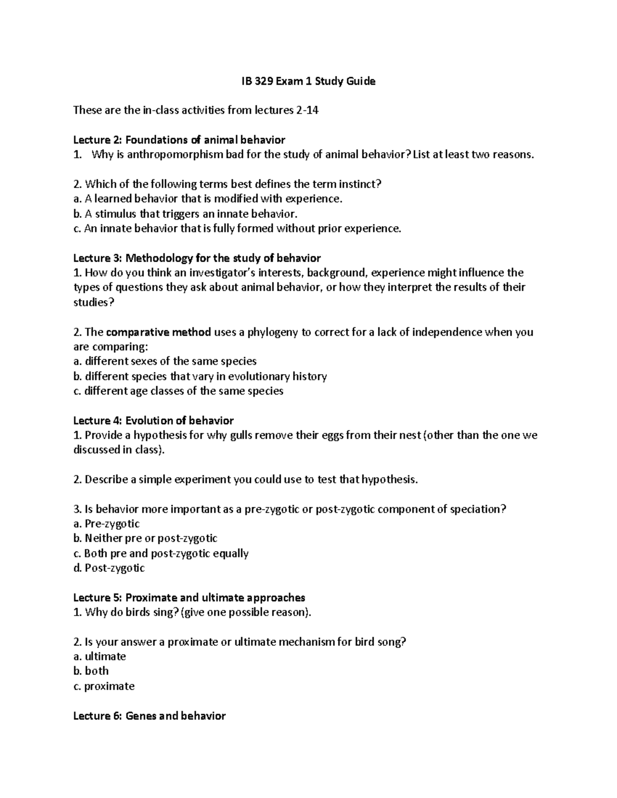 Lecture Activities - idk - IB 329 Exam 1 Study Guide These are the in ...