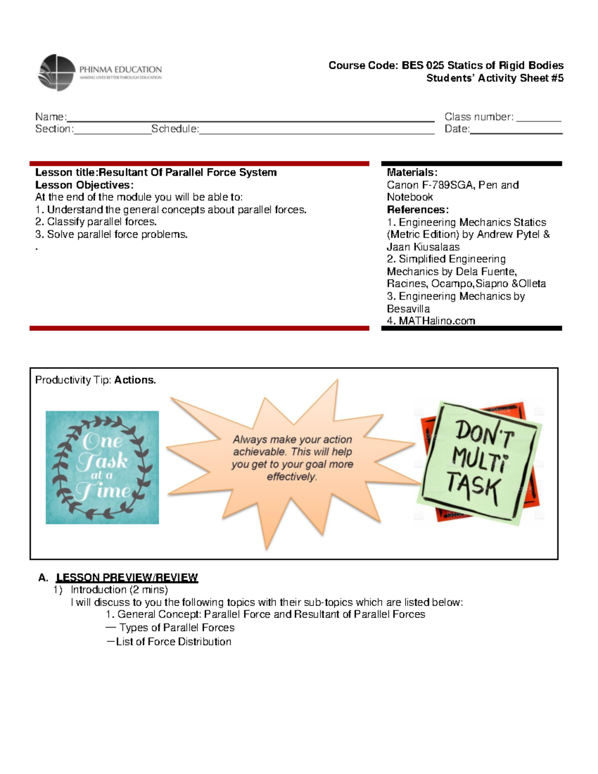 Resultant OF Parallel Force System - Students’ Activity Sheet ...