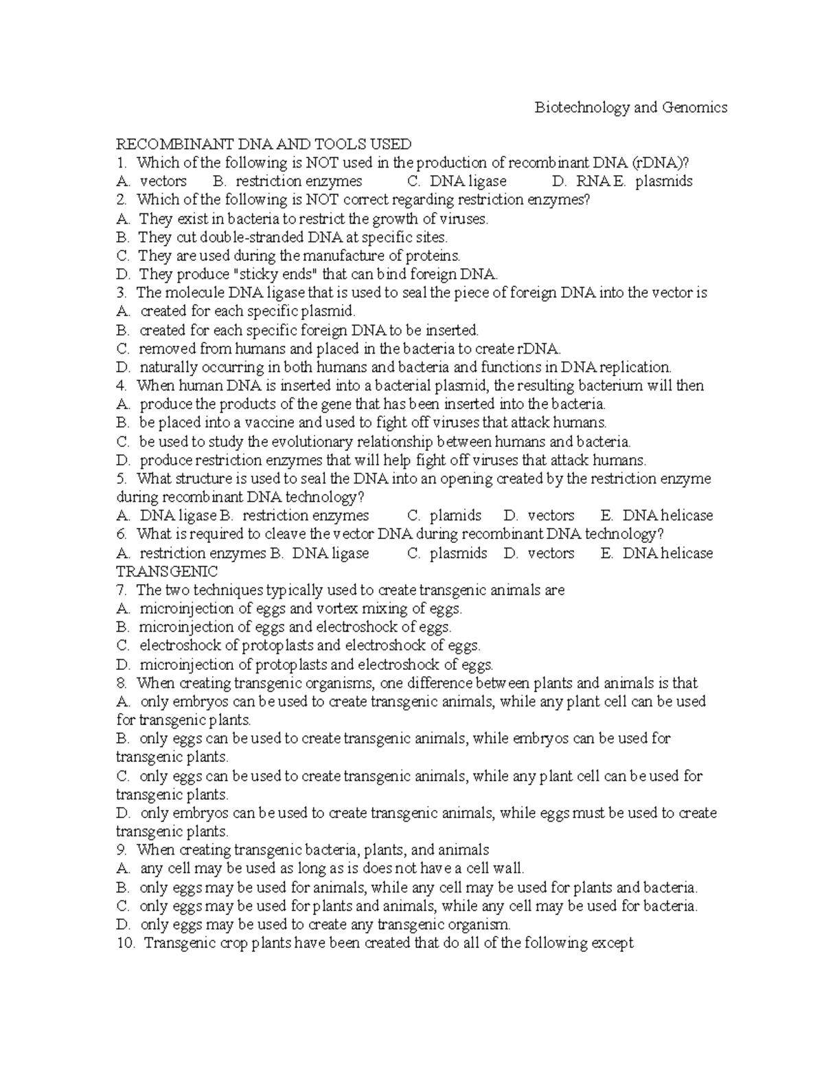 Q Biotechnology (QUESTIONS) - Biotechnology and Genomics RECOMBINANT ...