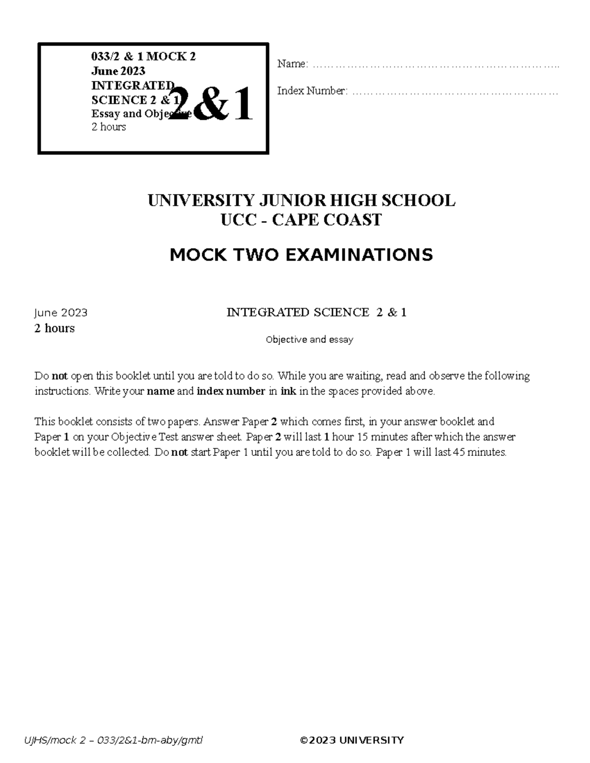 INT. Science Mock 2 - 2023 - 033/2 & 1 MOCK 2 June 2023 INTEGRATED ...
