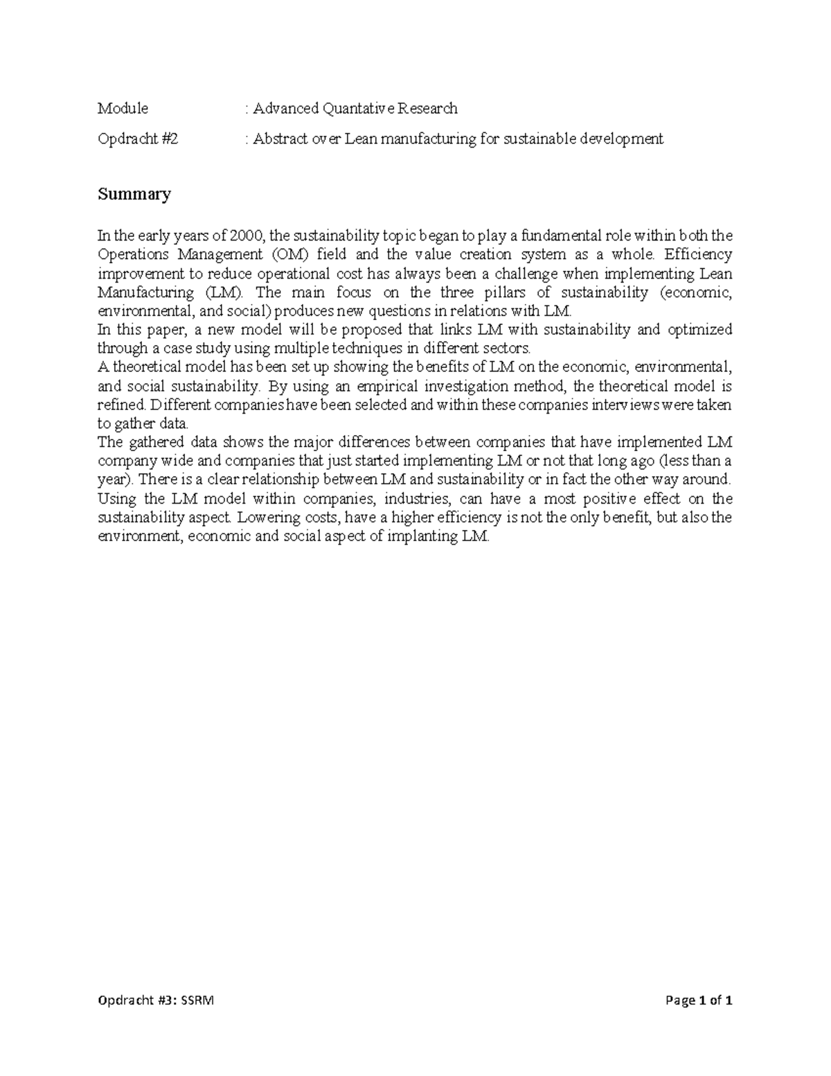 Abstract LM AQR - Opdracht #3: SSRM Page 1 of 1 Module : Advanced ...