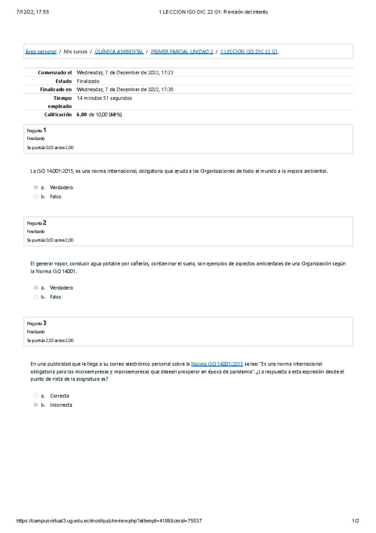 1 Leccion ISO DIC 22 G1 Revisión del intento - 7/12/22, 17:55 1 LECCION ...