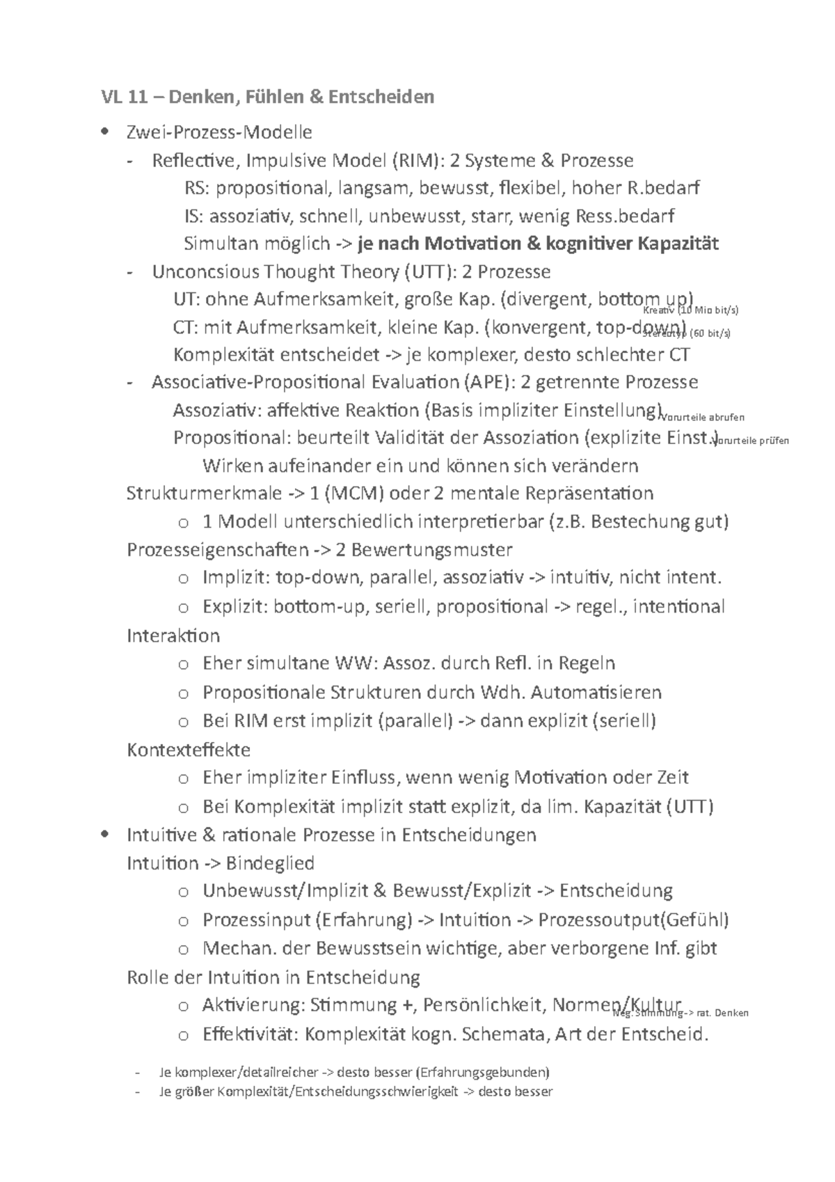 VL 11 Zusammenfassung ALP - VL 11 – Denken, Fühlen & Entscheiden Zwei ...