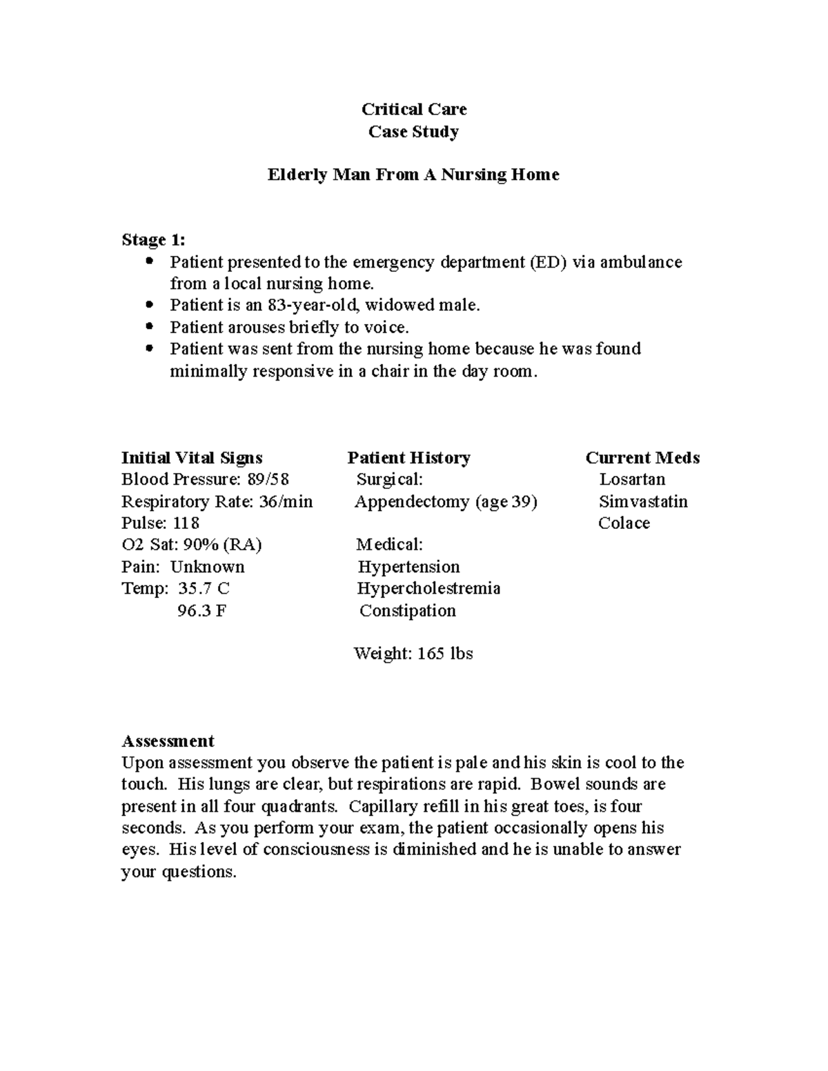 Sepsis Case Study-1 - no description - Critical Care Case Study Elderly ...