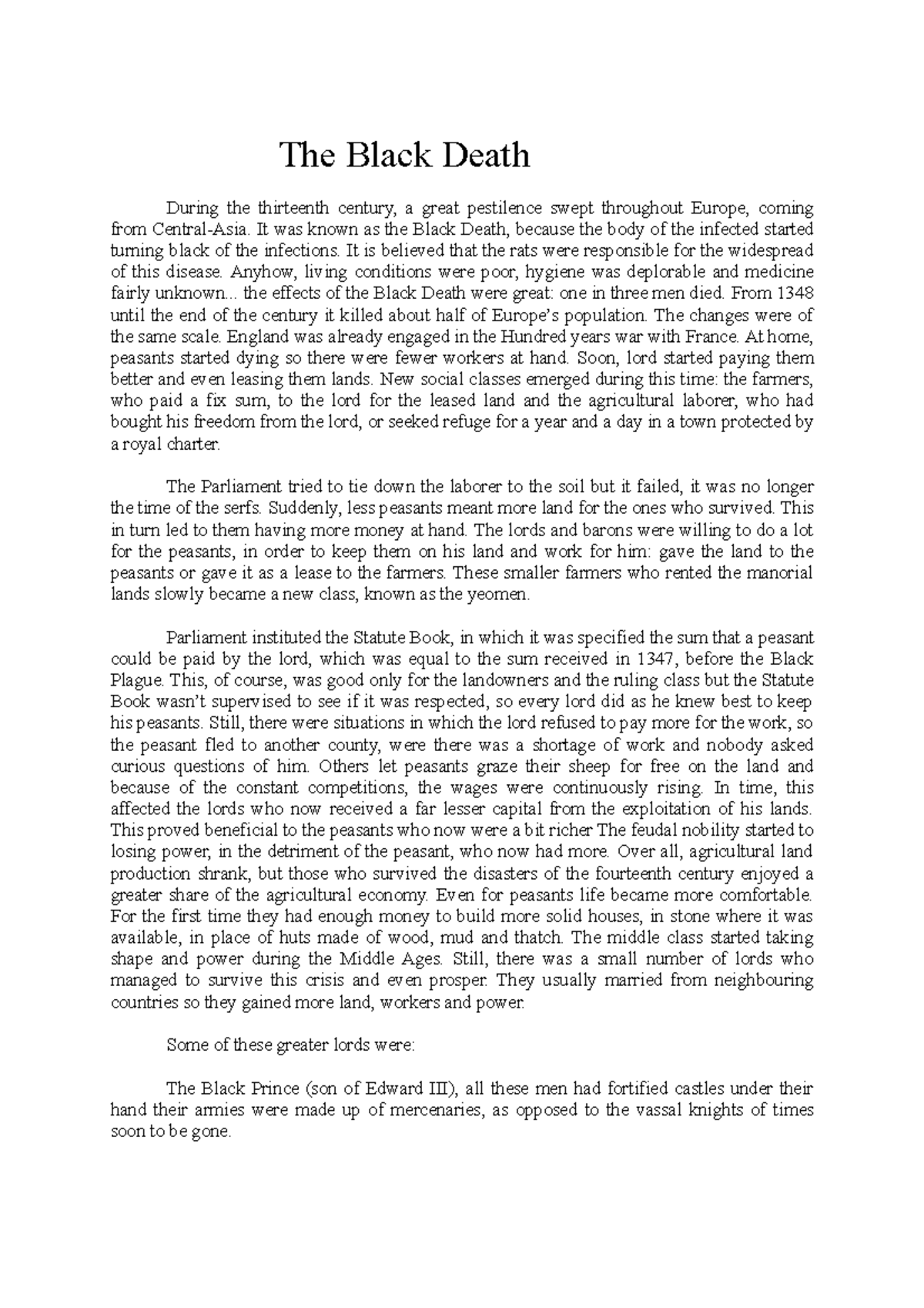 The Black Death - Lecture notes 1 - The Black Death During the ...