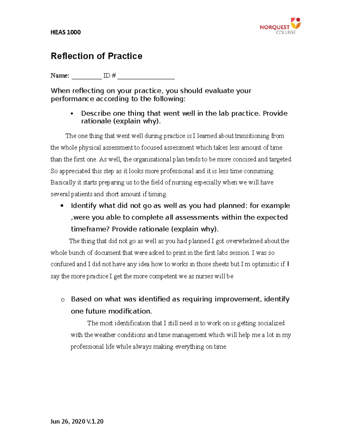 Reflection of Practice V1.21 (1) - HEAS 1000 Reflection of Practice ...