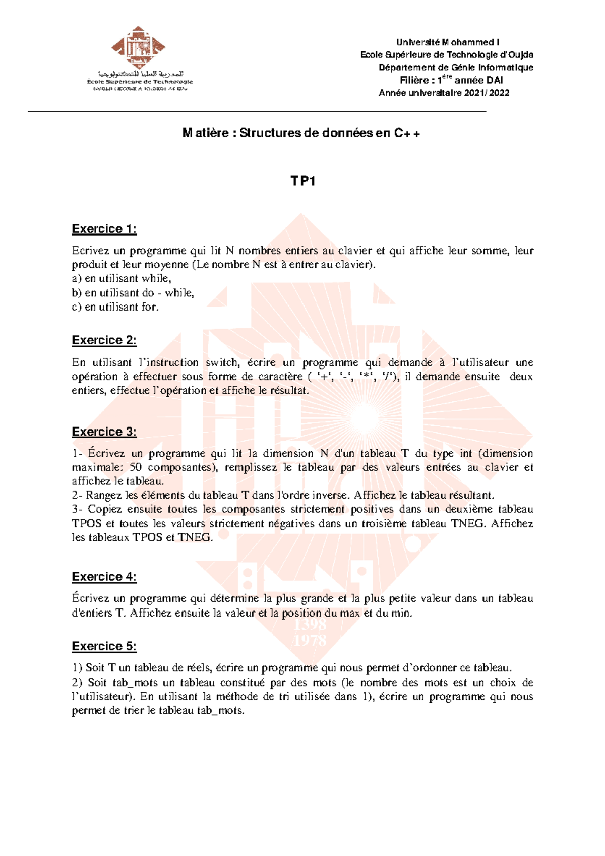 TP 1 - TP about C++ and C - Université M ohammed I Ecole Supérieure de ...