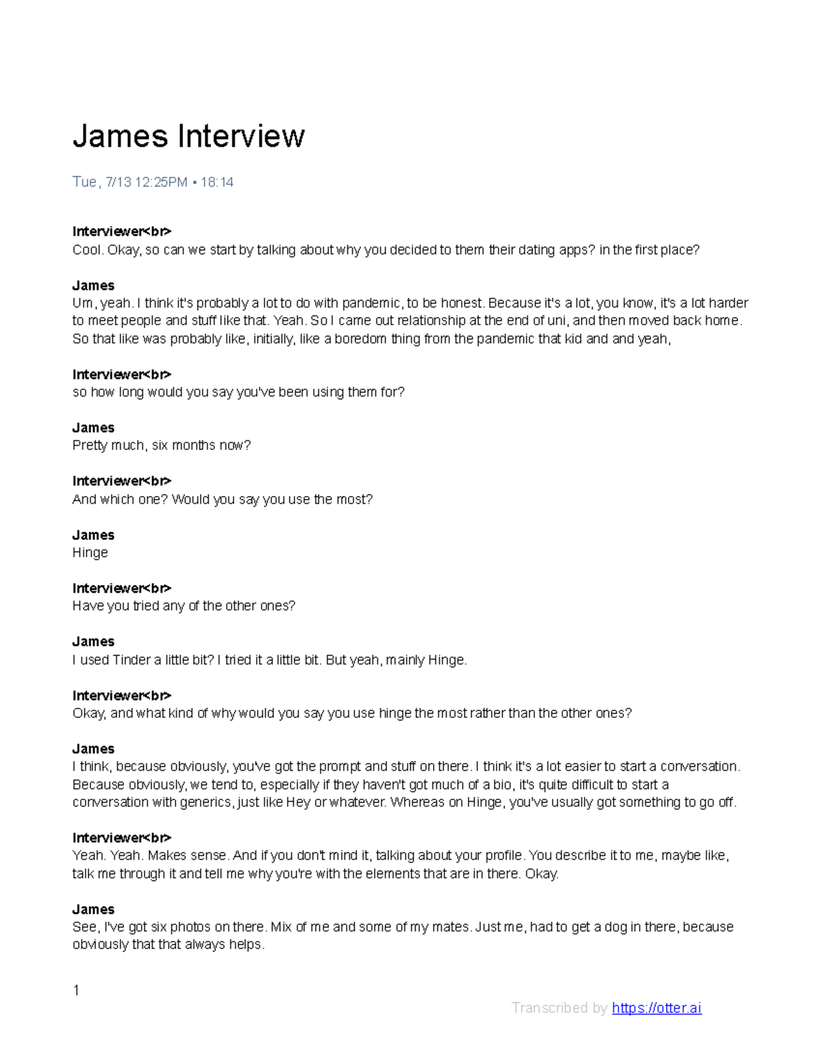 James Interview - Lecture notes 3 - James Interview Tue, 7/13 12:25PM ...