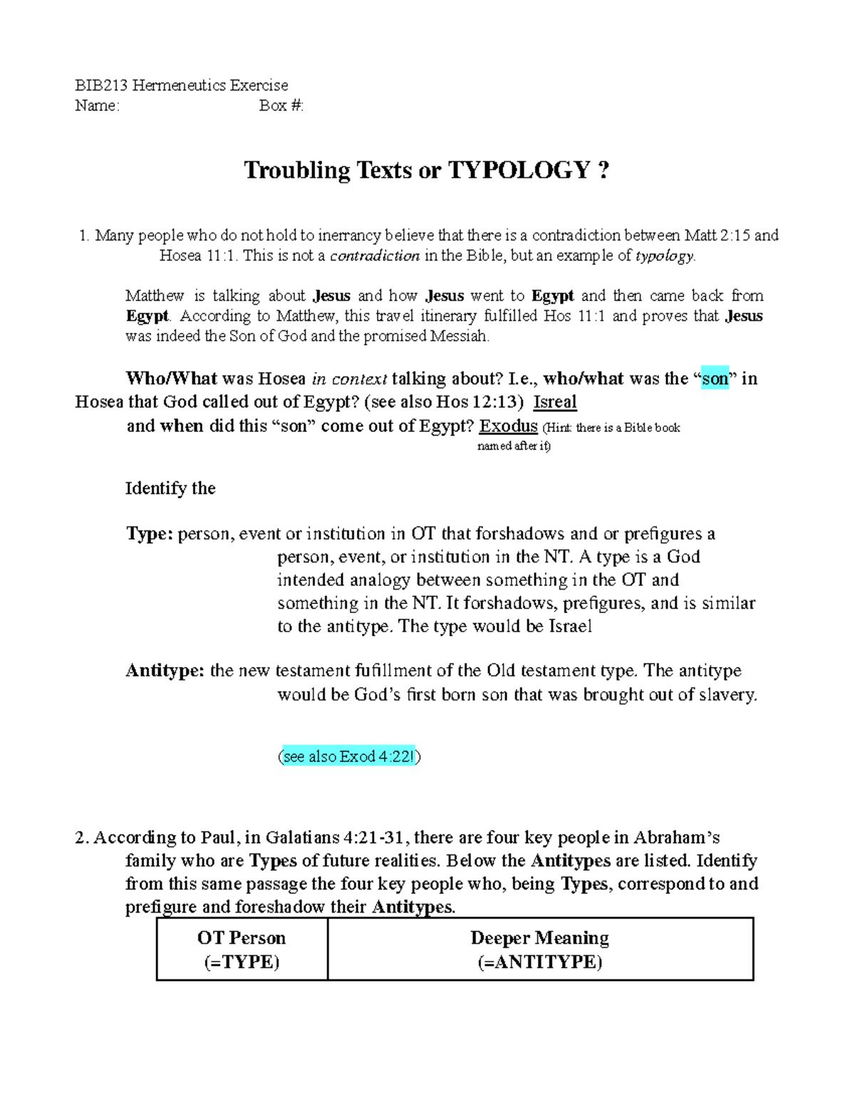 Typology and Sensus Plenior (1)sd - BIB213 Hermeneutics Exercise Name ...