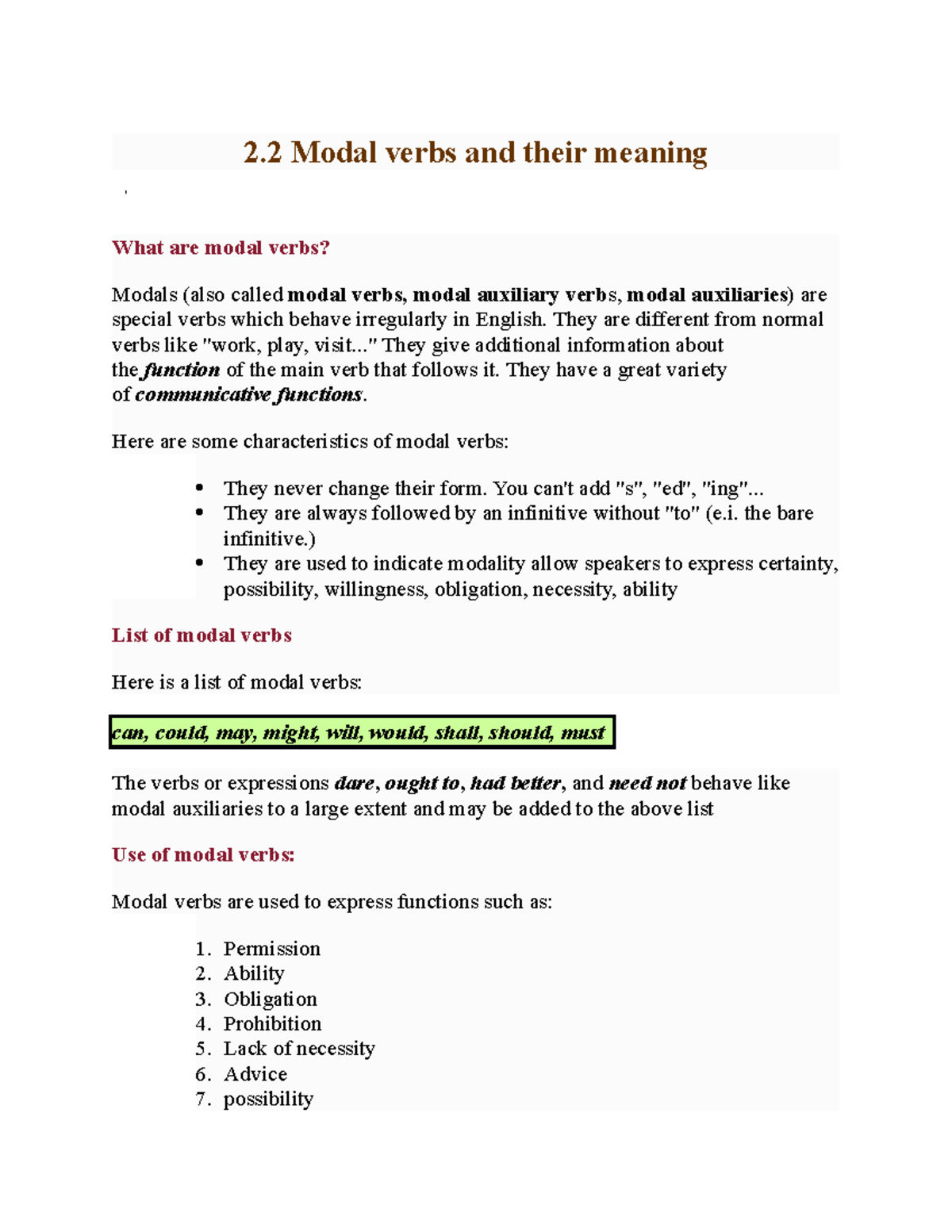 2.2 Modal Verbs - Communication skills notes - 2 Modal verbs and their ...