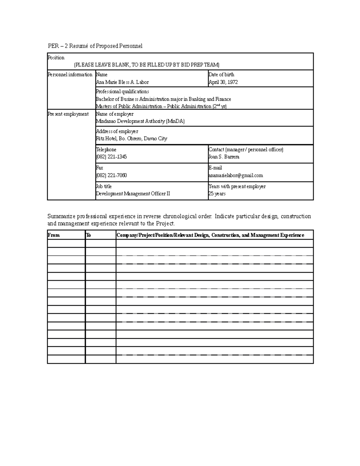PER 2 Personnel Resume Form - PER – 2 Resumé of Proposed Personnel ...