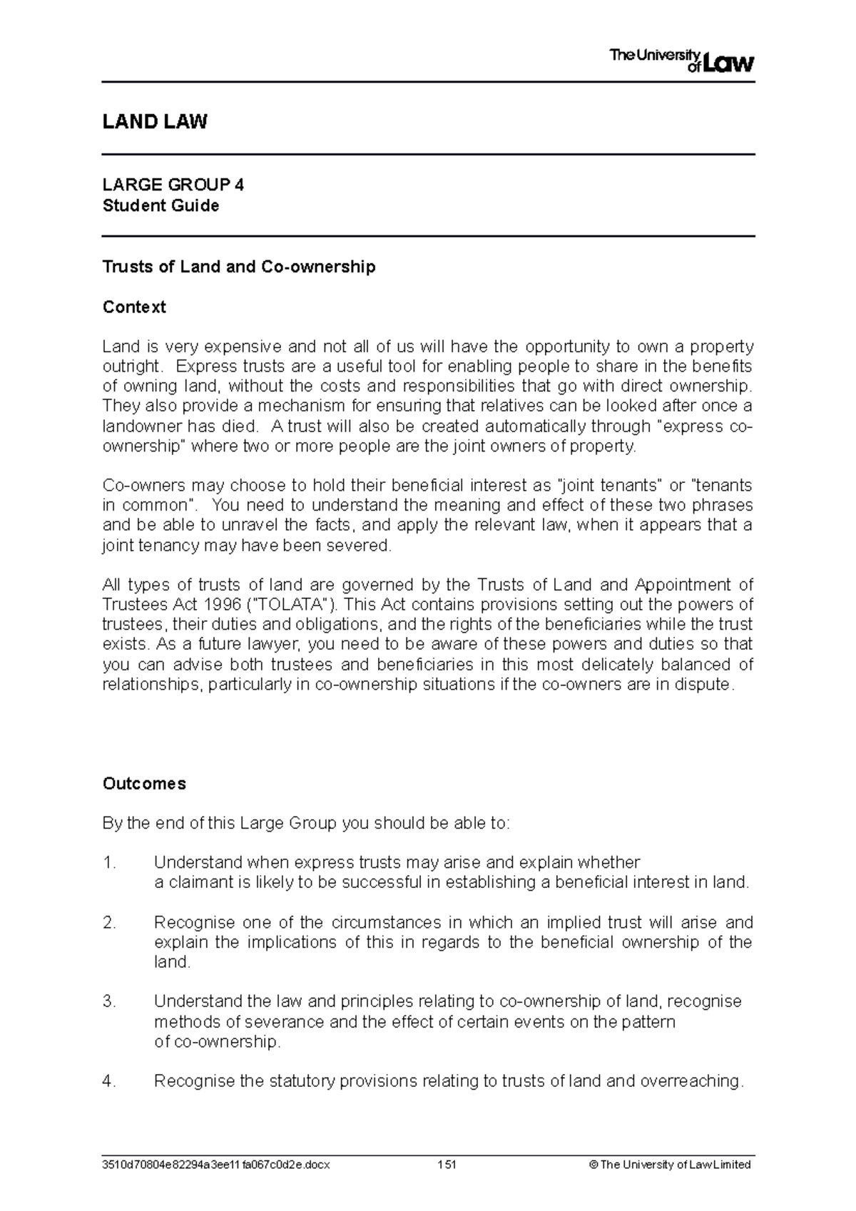 LL Large Group 4 - LAND LAW LARGE GROUP 4 Student Guide Trusts of Land and Co-ownership Context ...