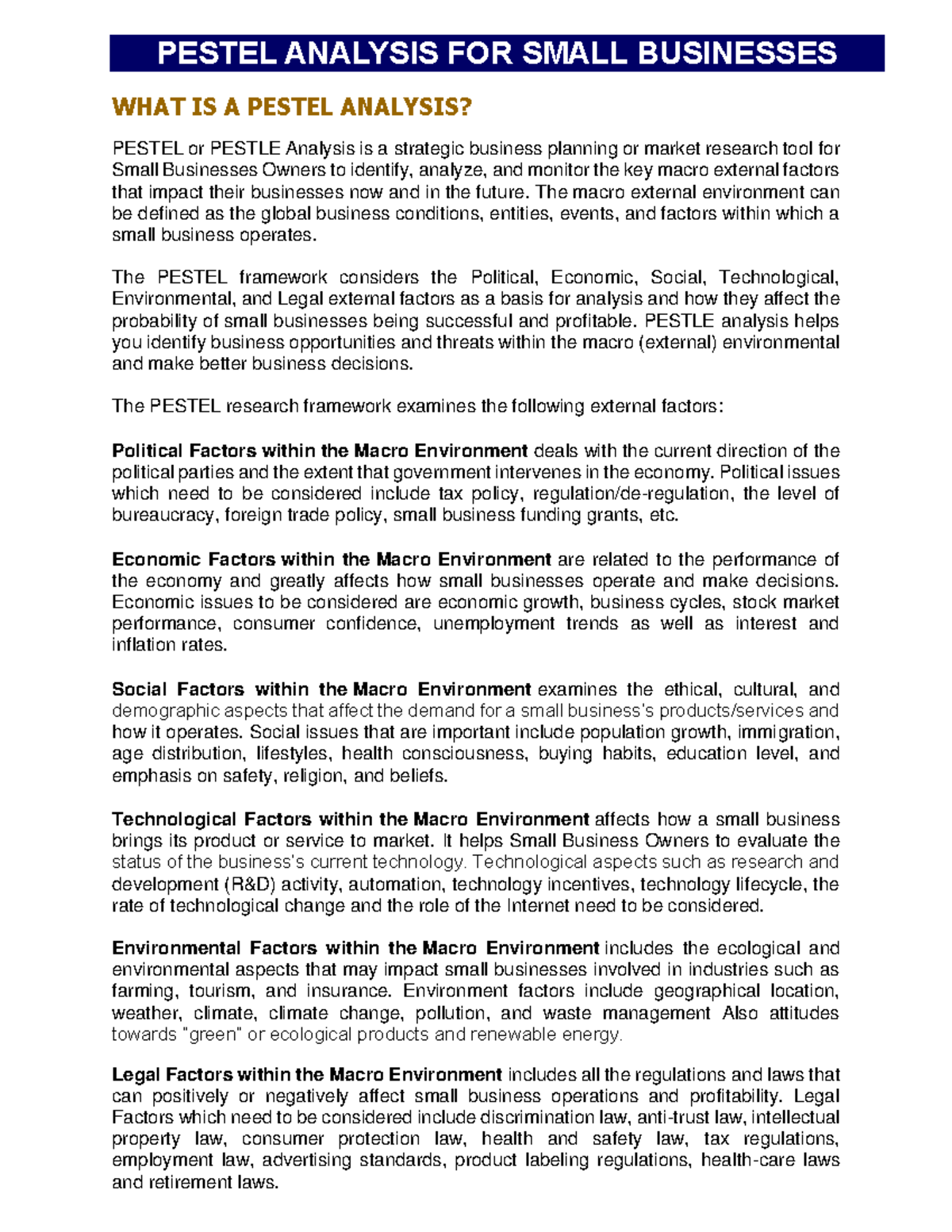 Pestel Analysis for Small Businesses - PESTEL ANALYSIS FOR SMALL ...