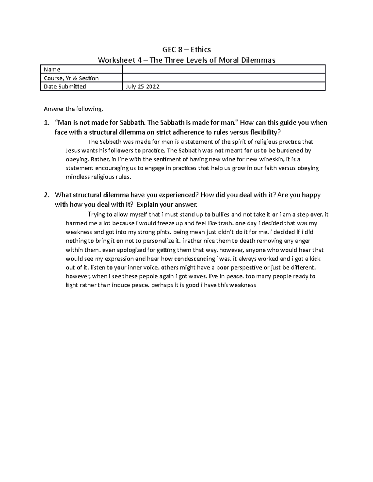 Gec 8 ws 4 summer - this for my study purposes - GEC 8 – Ethics ...