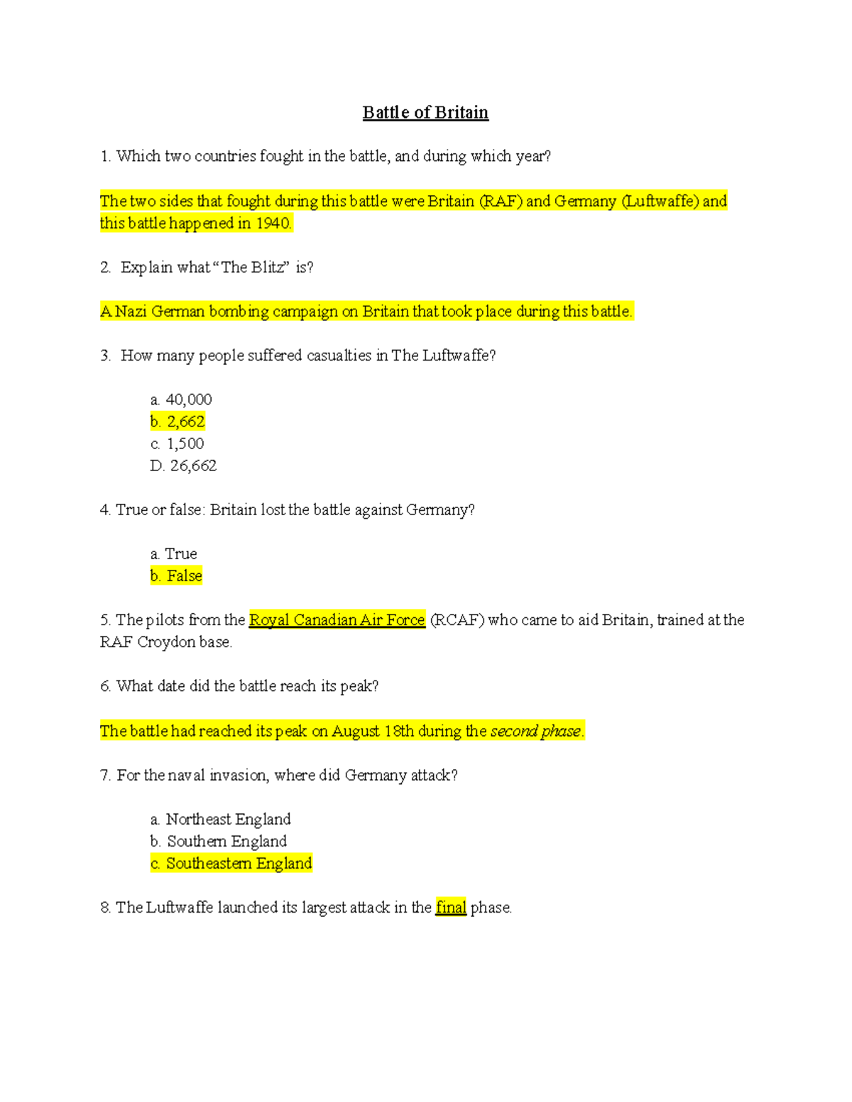 Battle of Britain Handout (Answered) - Battle of Britain Which two ...