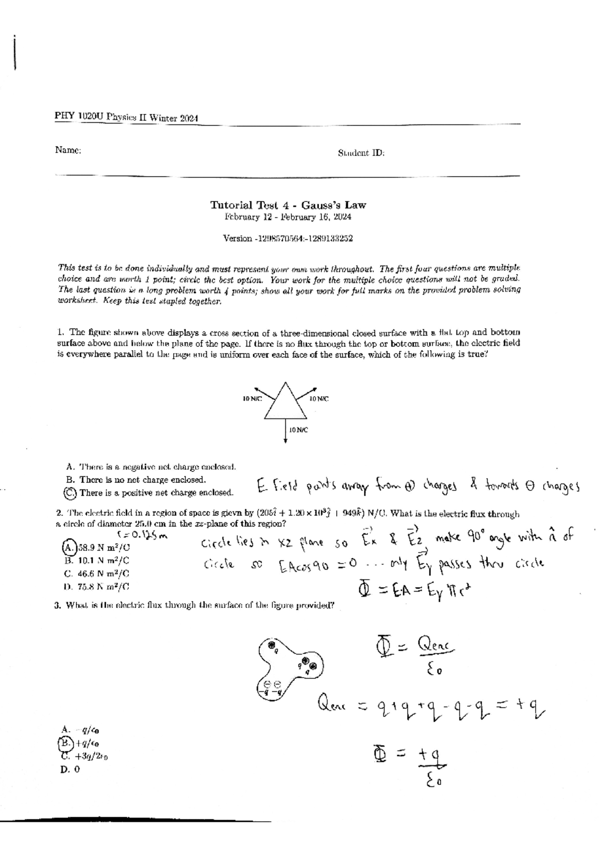 Test 4 Solutions - Tutorial Test 4 - Gauss's Law - PHY1020U - Studocu
