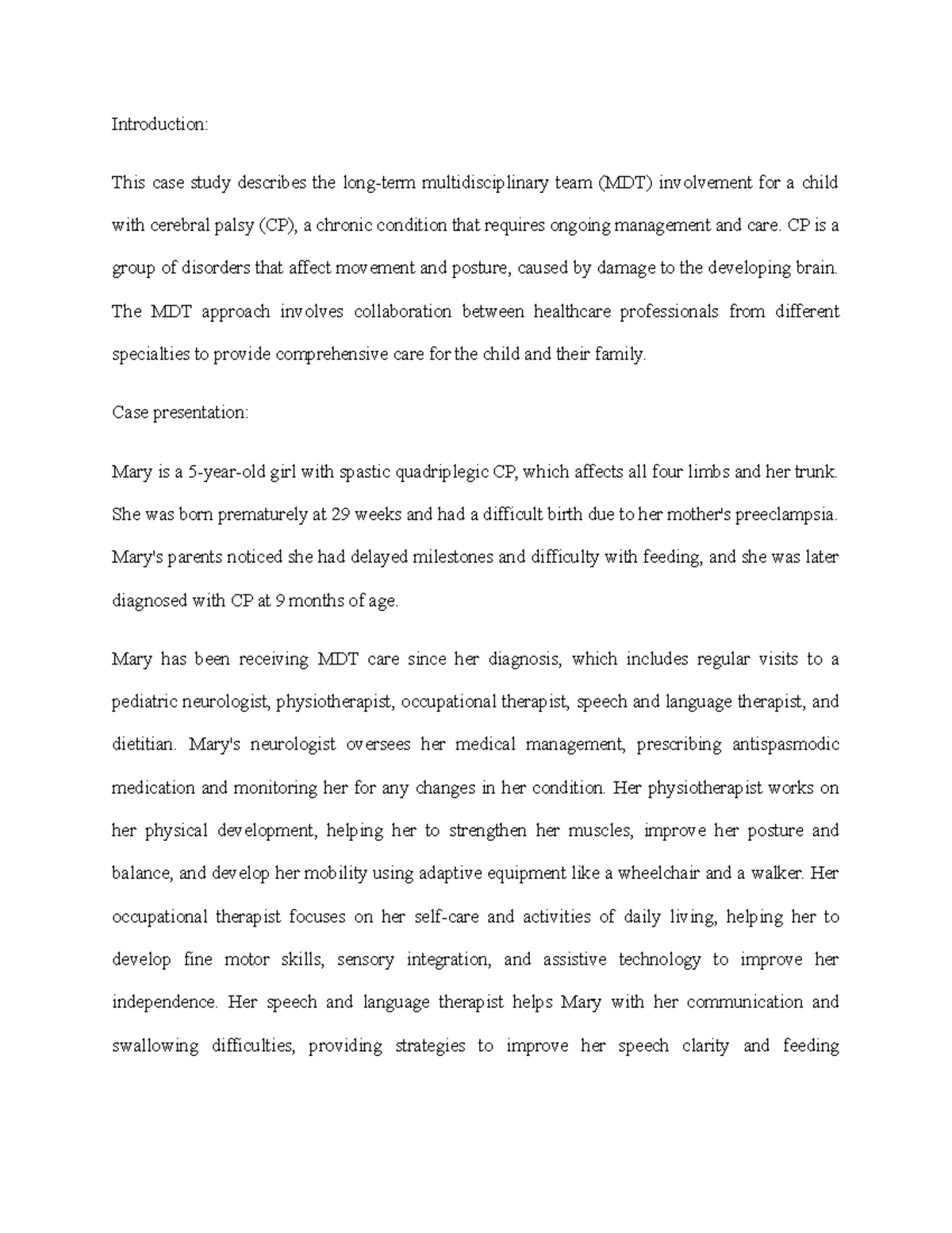 MDT for Child with CP - Introduction: This case study describes the ...