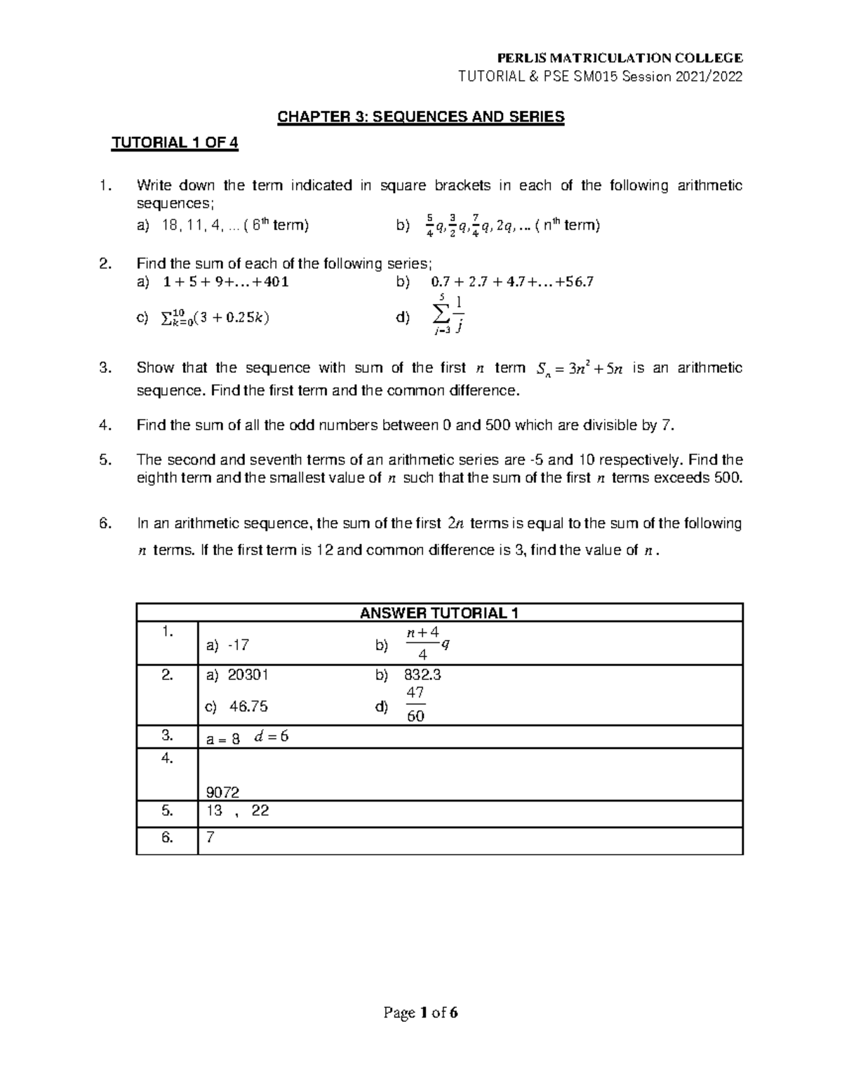 Tutorial Chapter 3 Sequences and Series - TUTORIAL & PSE SM 015 Session ...