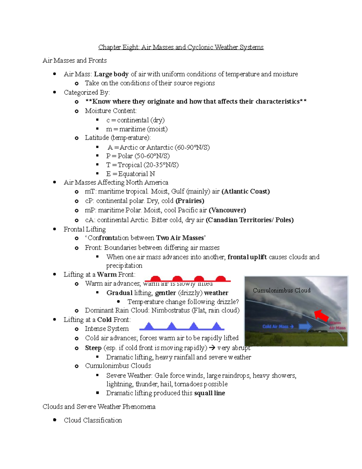 Chapter Eight Notes - Chapter Eight: Air Masses and Cyclonic Weather ...