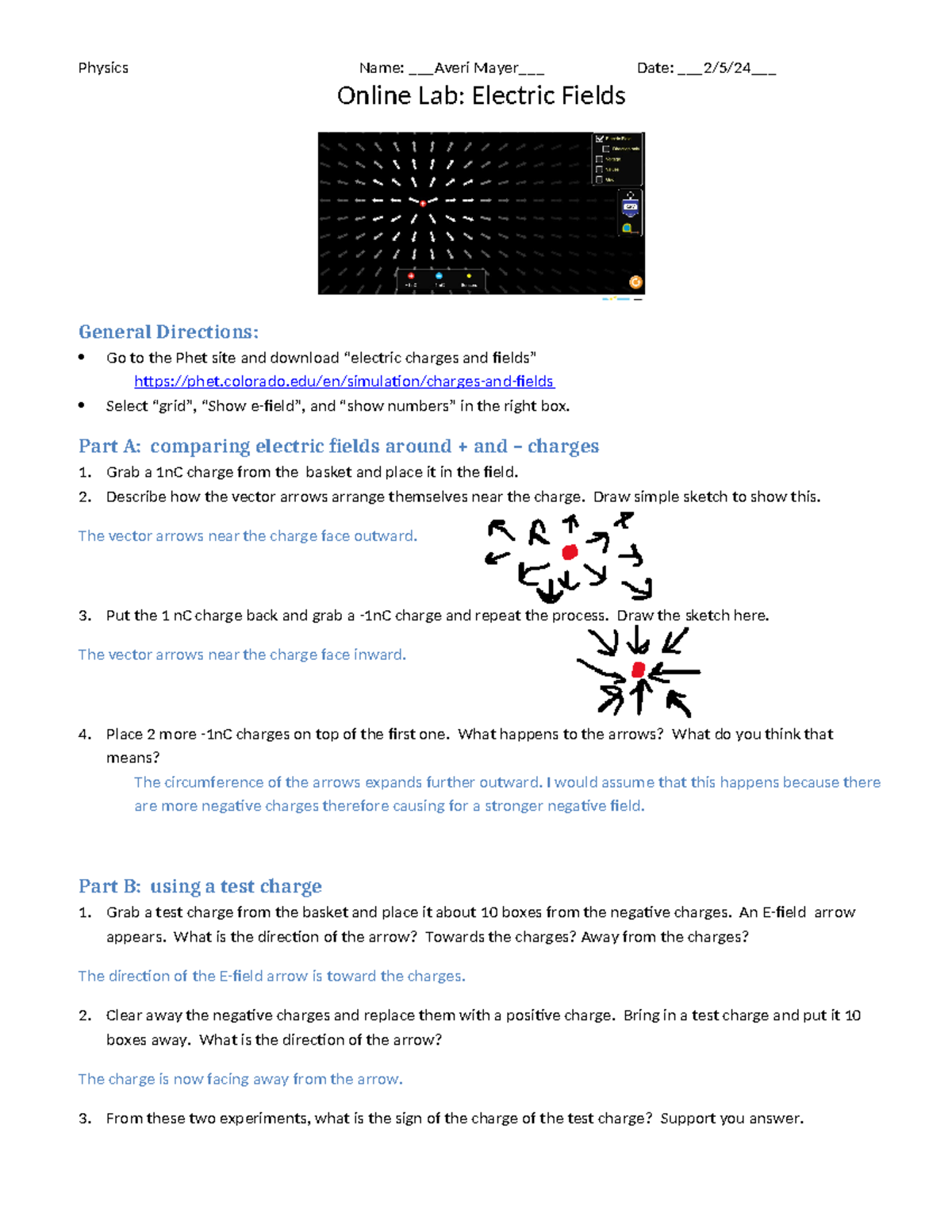 Phet lab e fields - 2024 - worksheet - Physics Name: Averi Mayer Date ...