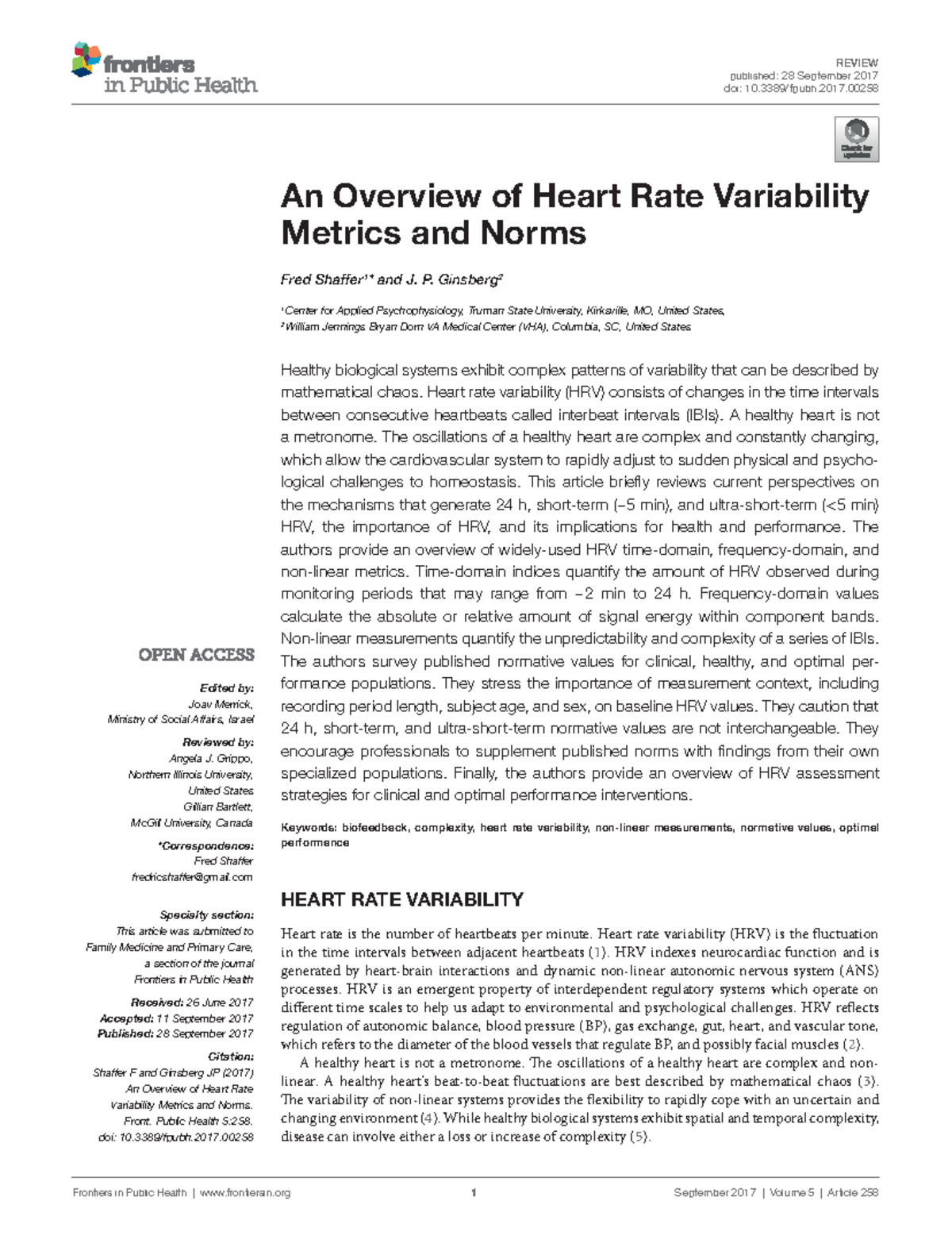 An Overview of Heart Rate variability Metrics and Norms - 1 September ...